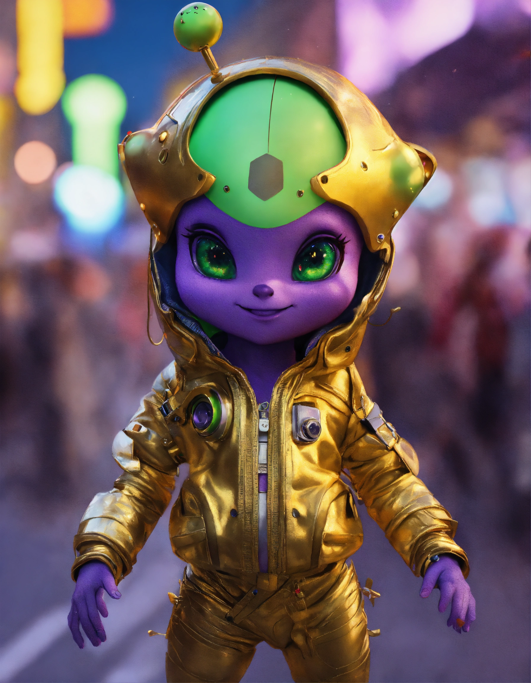 Lexica - Cute humanoid funny alien, smile, purple skin, golden outfit ...
