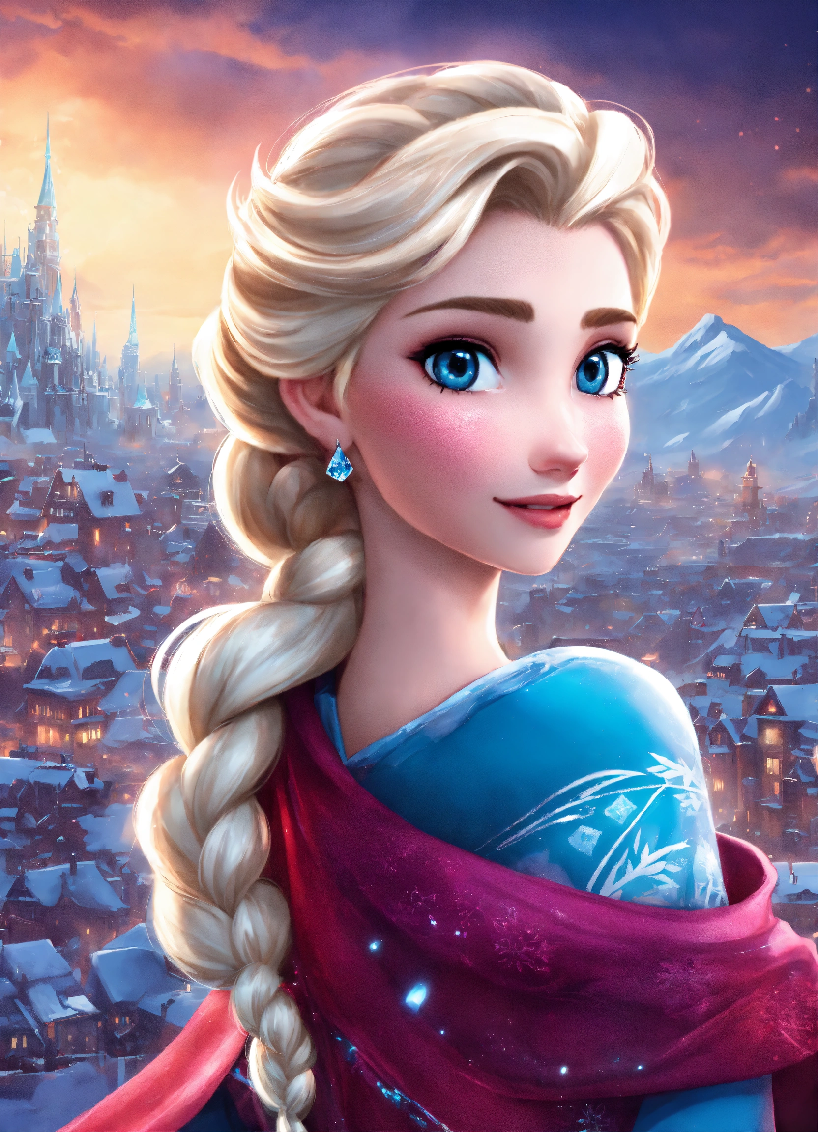 Lexica - Elsa from frozen, futuristic european city sky background ...
