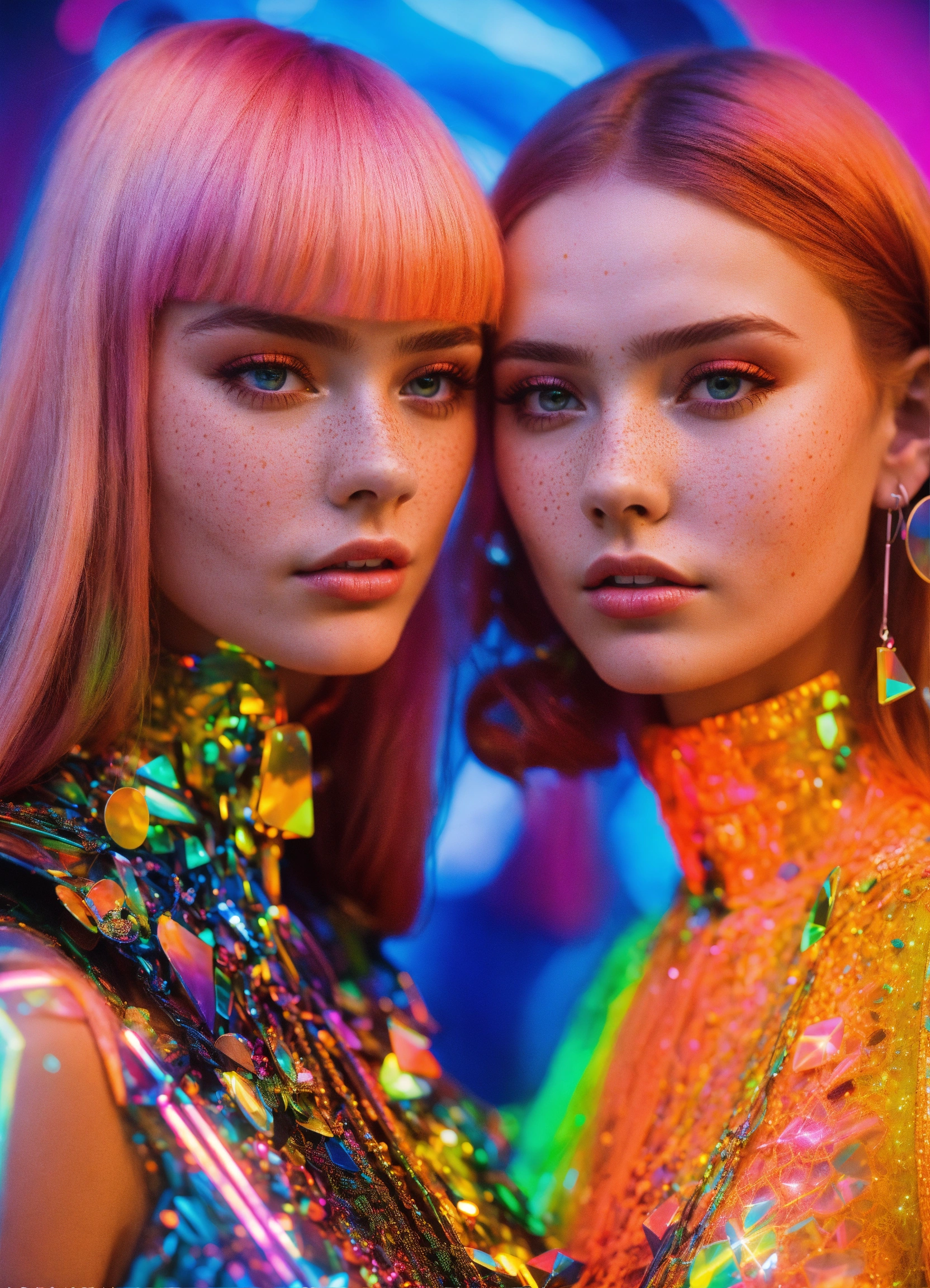 Lexica - Two girls, magazine cover, in neon iridescent outfit1.3 ...
