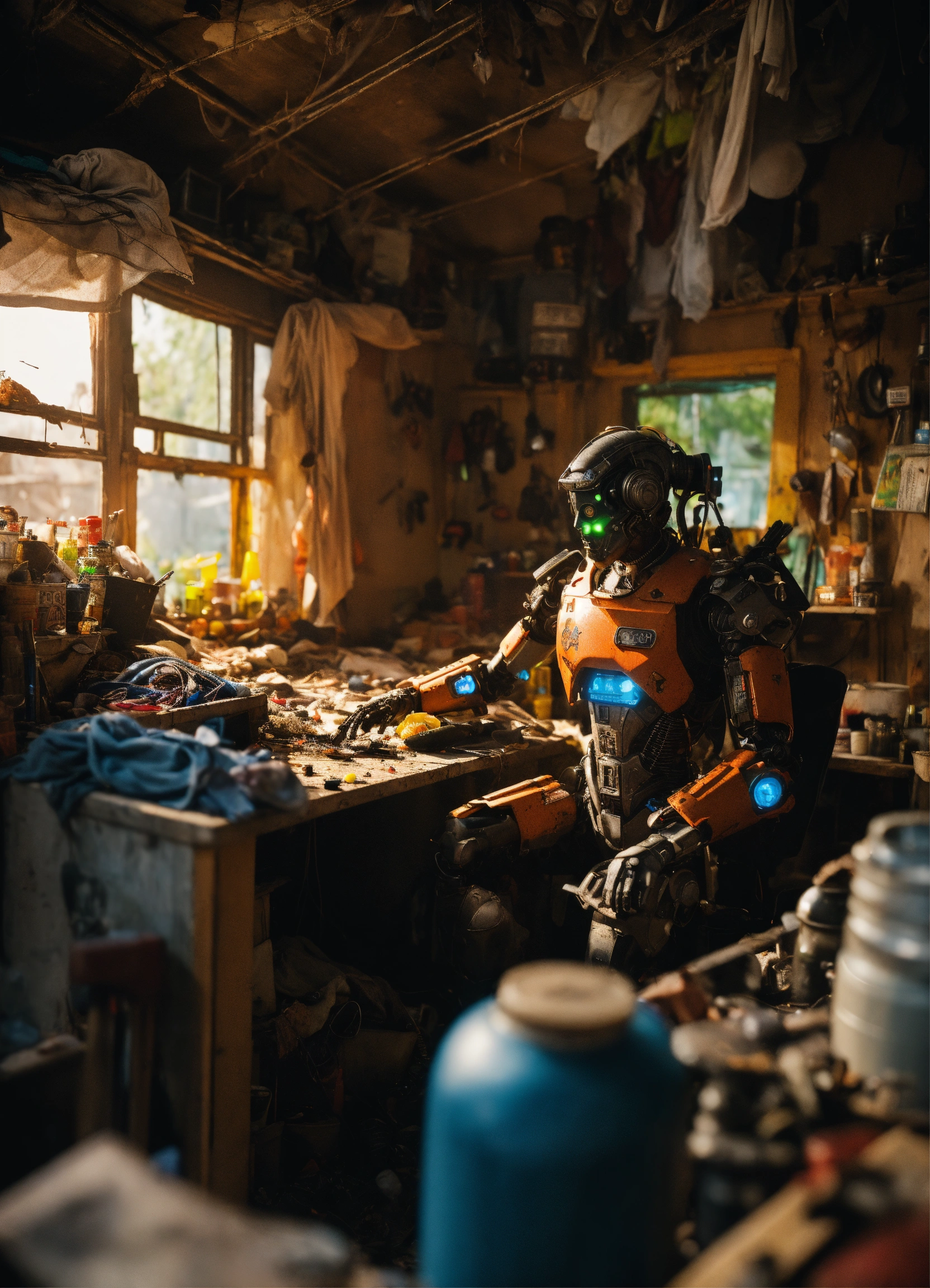 Lexica - Wide angle Environmental shot of evil Cyborg in a cluttered ...