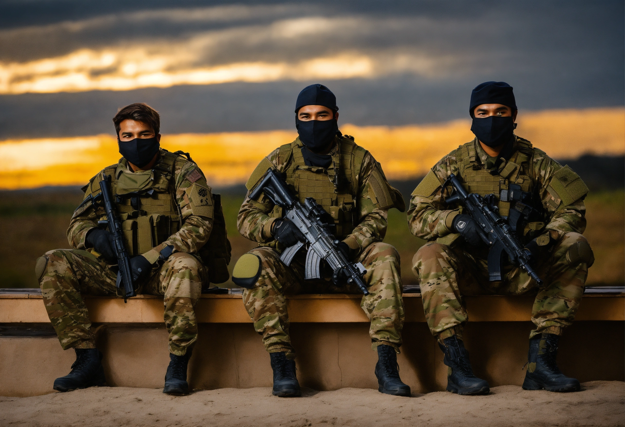 Lexica - 3 comando guys, wearing masks, siting,