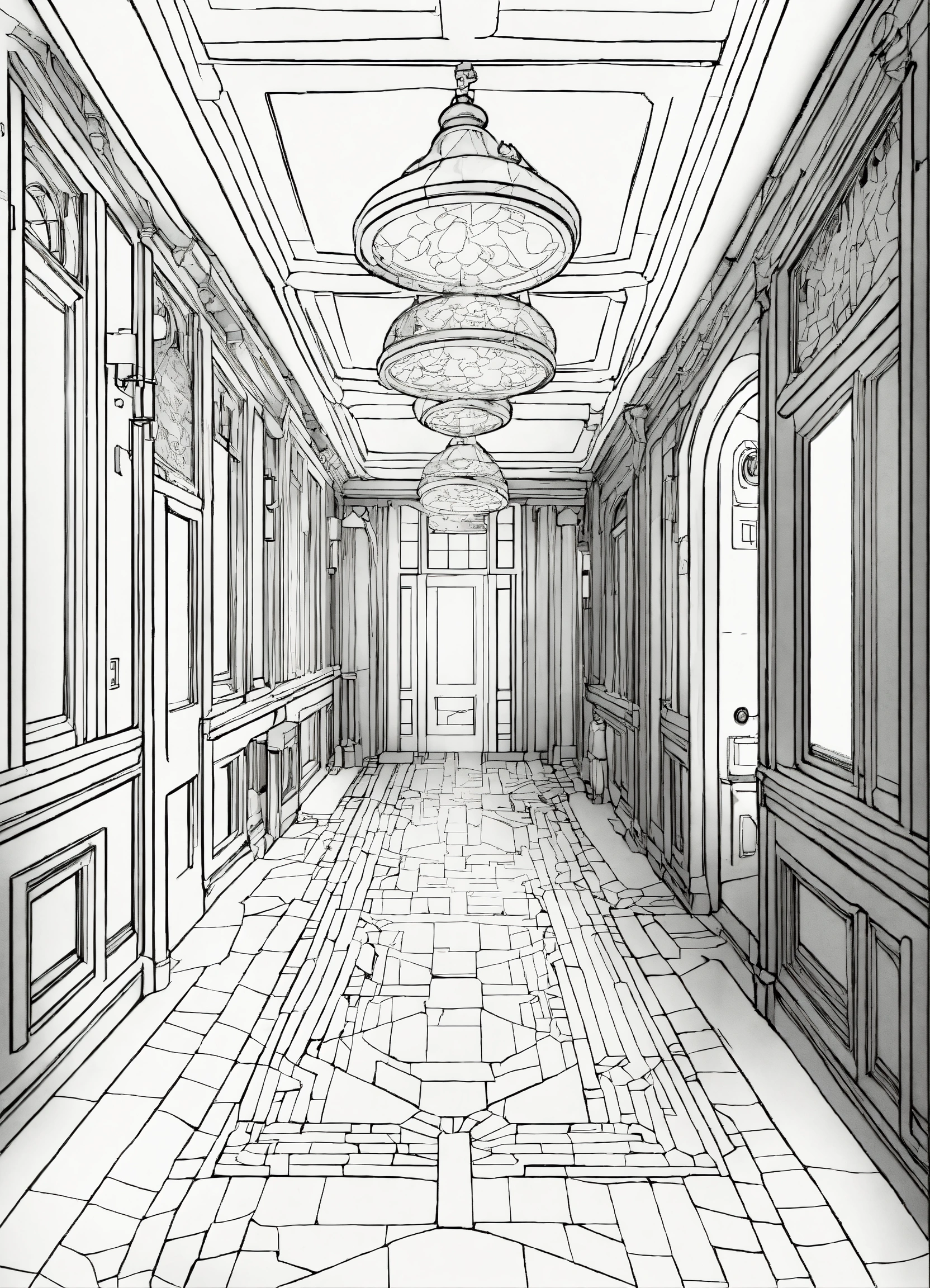 Lexica - Coloring book page, isometric hallway, 3d art, black and white ...