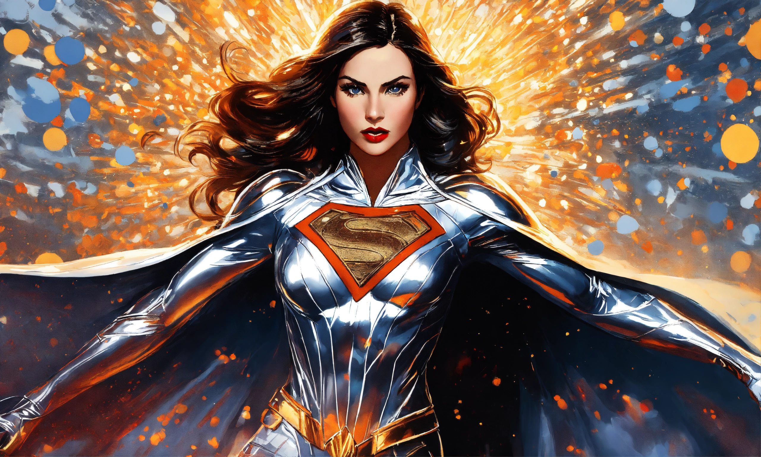 Lexica - Beautiful caped brunette female superhero, action pose, fiery ...