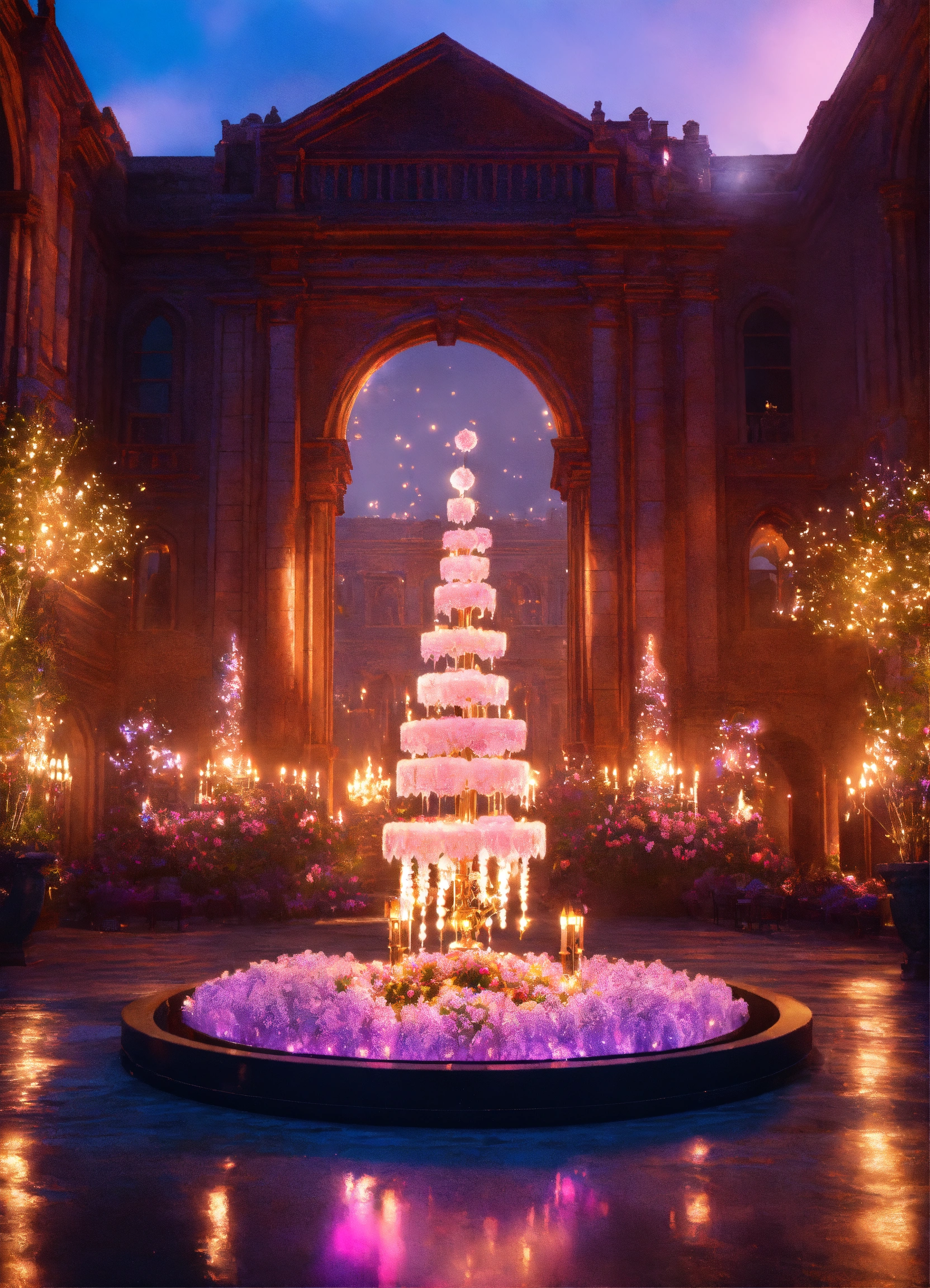 Lexica - A sumptuous castle courtyard at sunset. garden party, alien ...