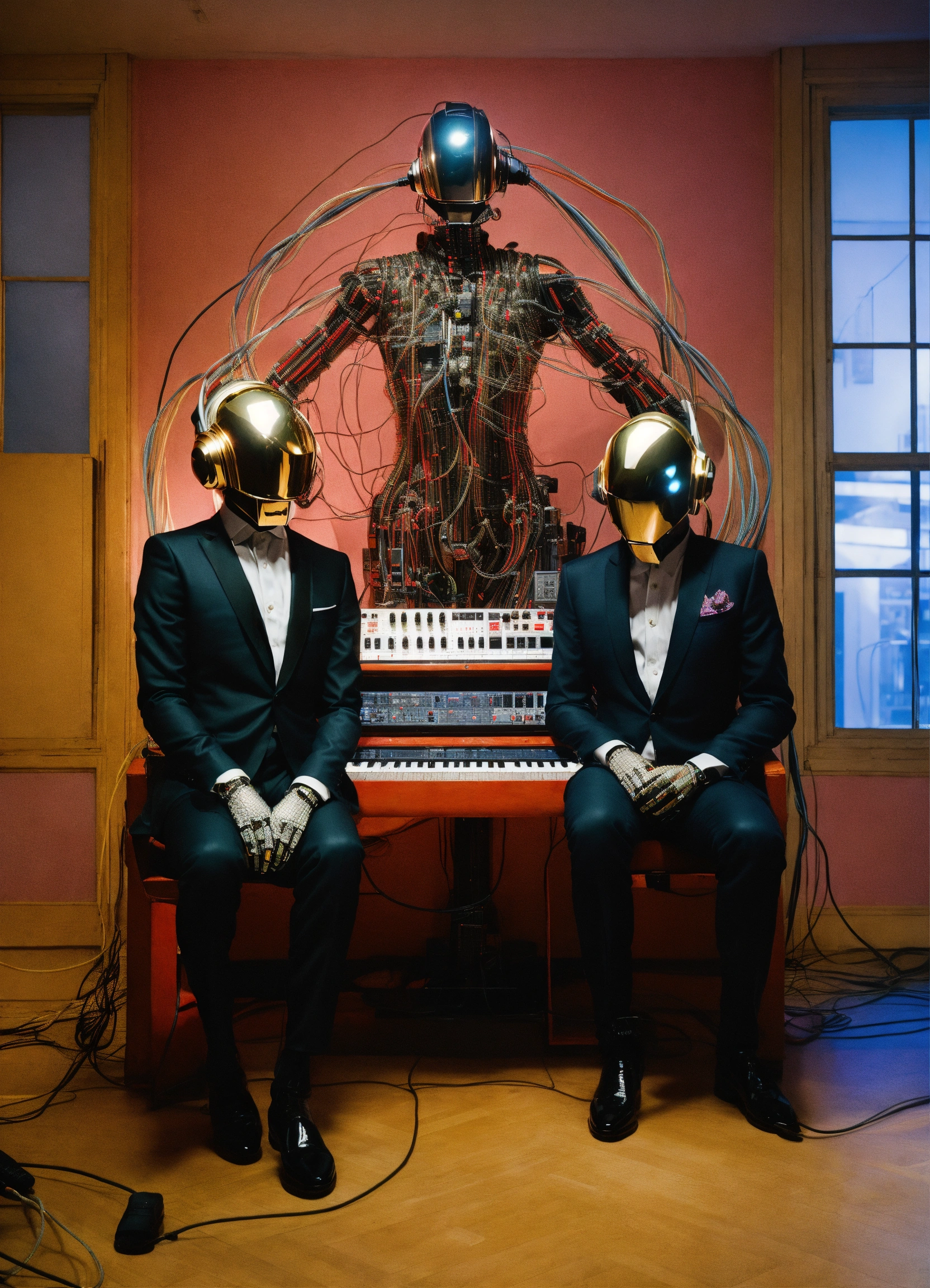 Lexica - Body portrait Photography, The two Daft Punk robots dressed in suits, in a music studio ...
