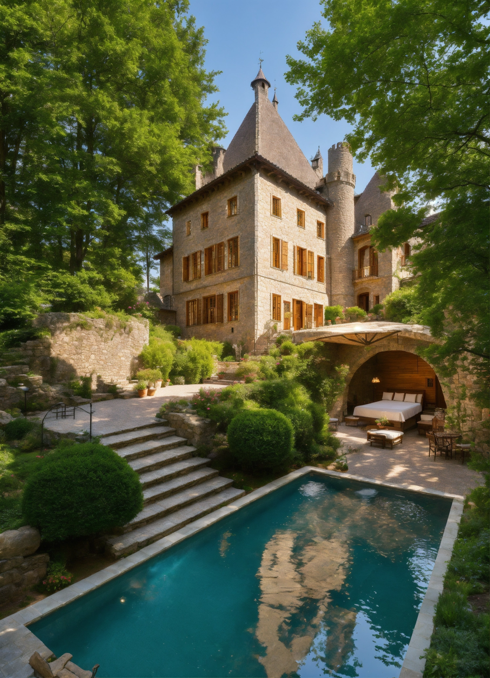 Lexica - Classic huge castle in wood and stone and interior with garden ...