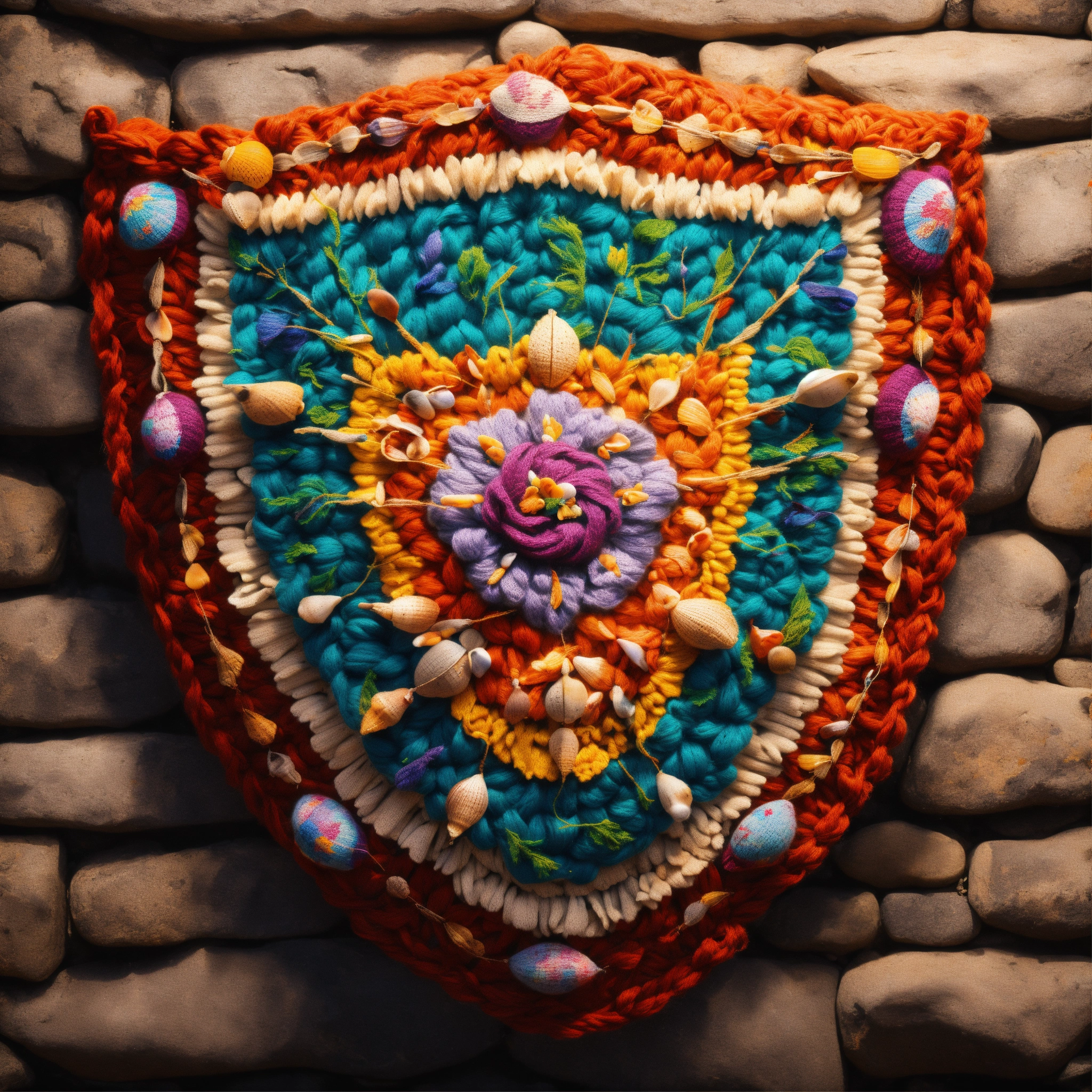Lexica - Concept art of a shield made out of knitted shells, hanged on ...