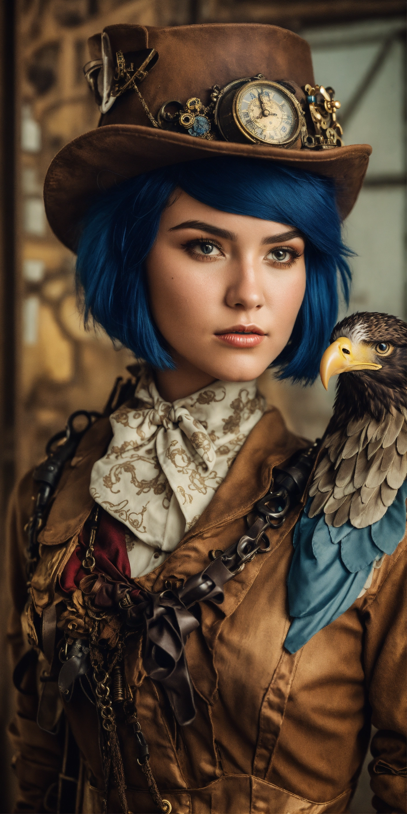Lexica - A young woman with dark blue bob hair with a steampunk bow and big eagle next to it all ...
