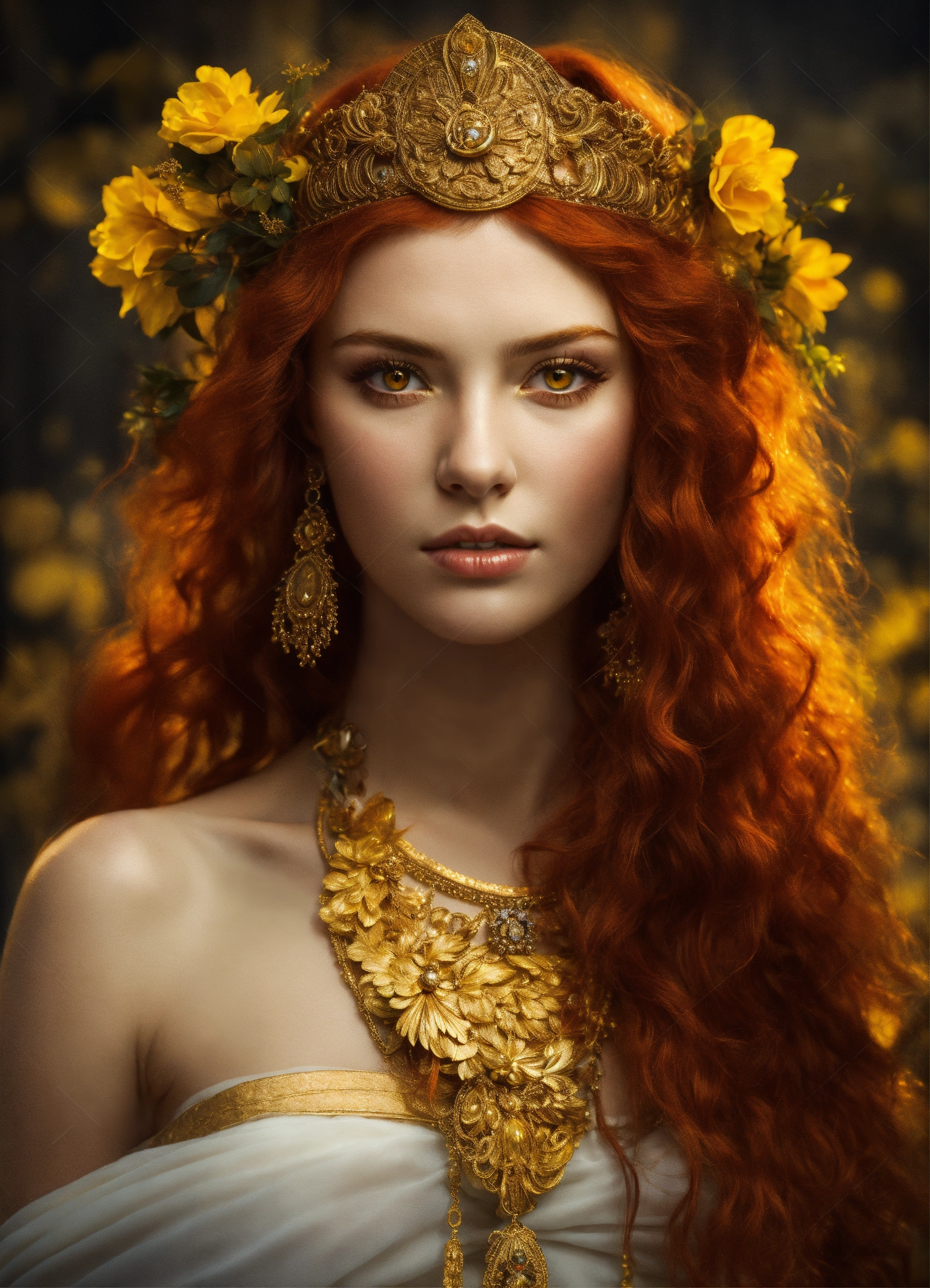 Lexica - Greek goddess with red hair and yellow eyes. royal portrait