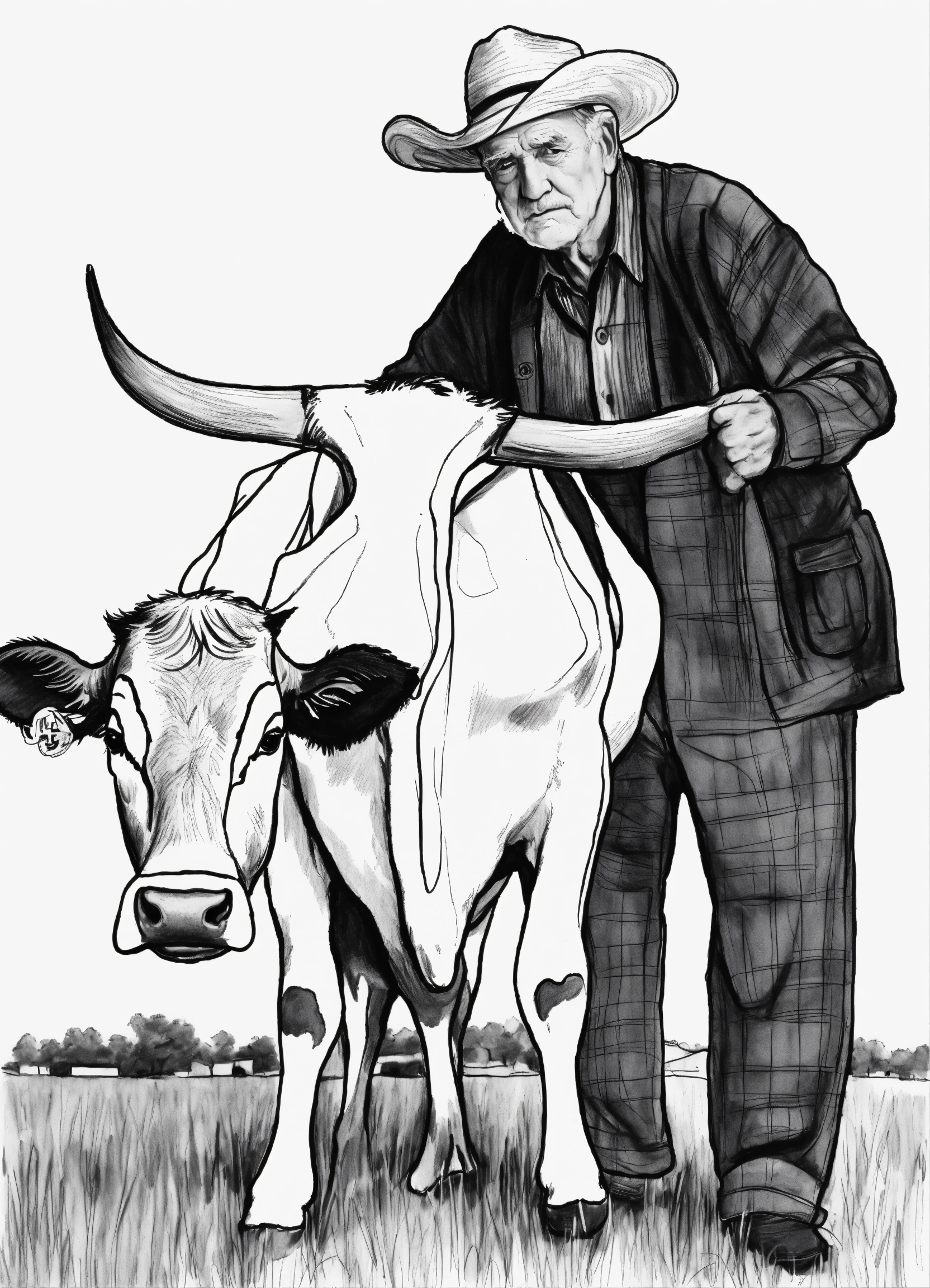 Lexica - Black and white bold line drawing, older man, with cow, upper ...
