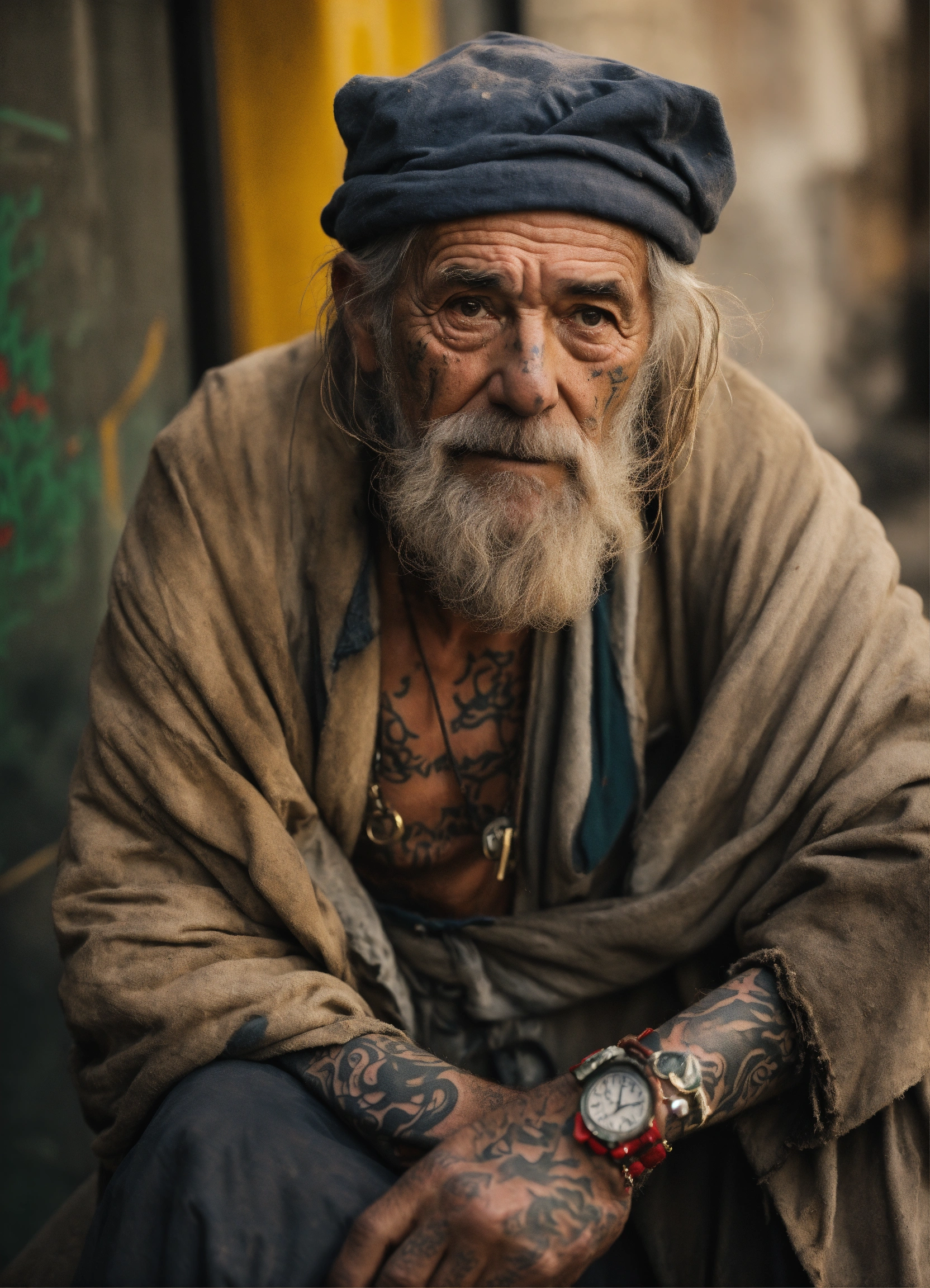 Lexica - Homeless old man in dirty dresses with tattoos covered face
