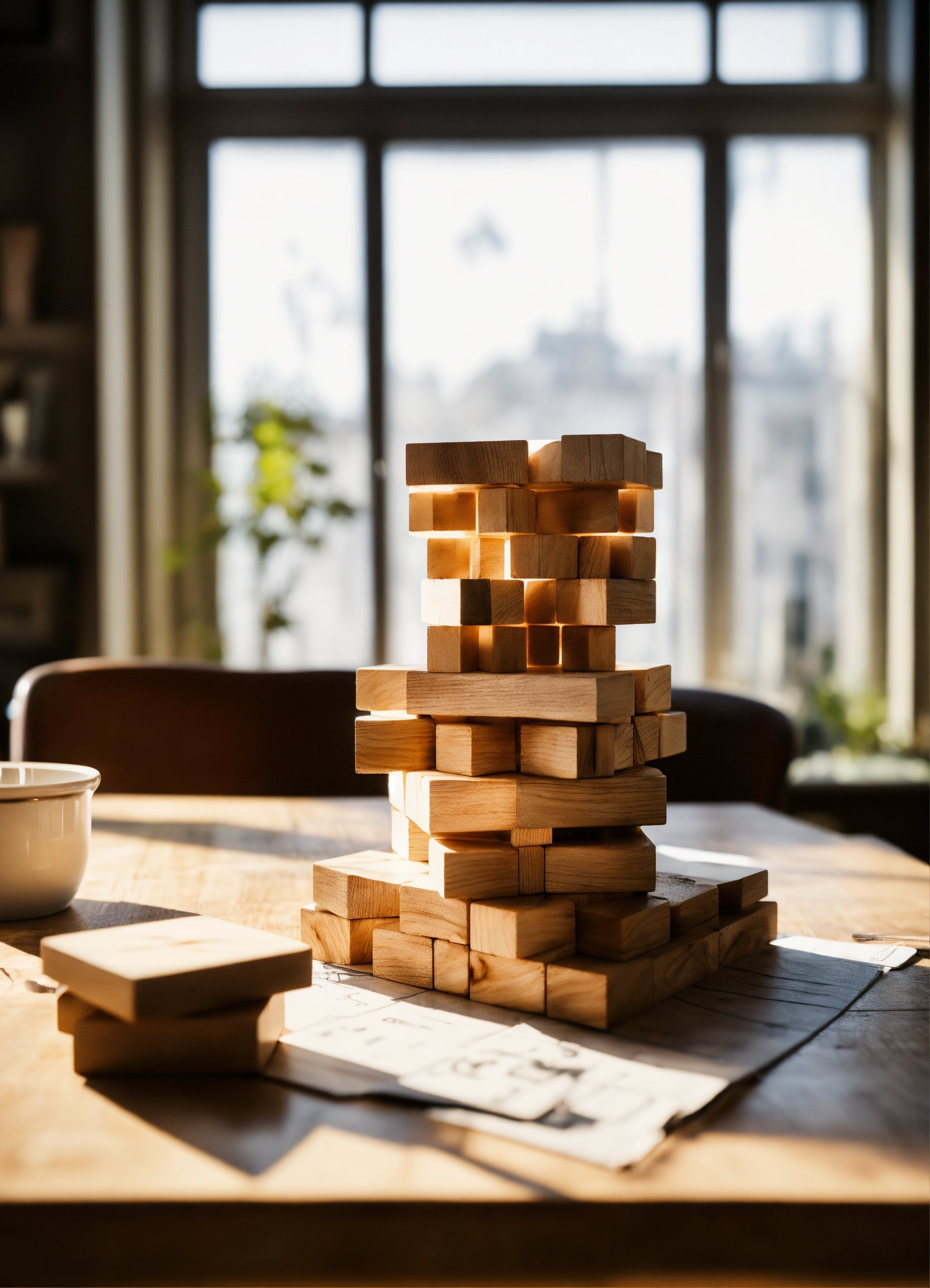 Lexica - Realistic photograph of a table with a jenga game and set of ...