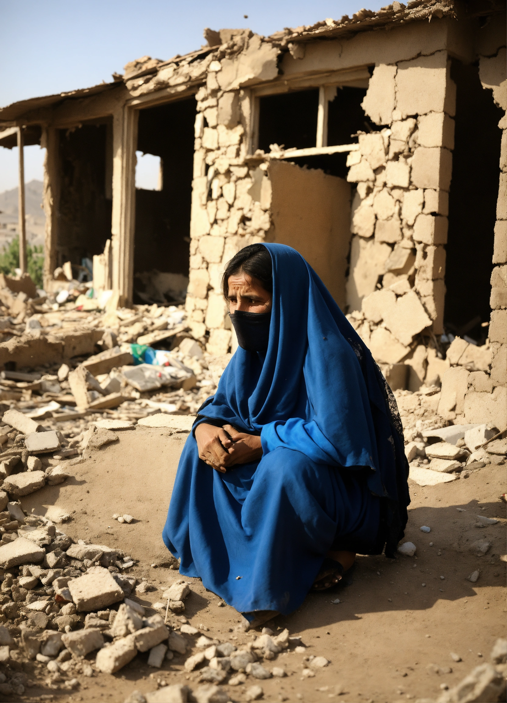 Lexica - A sad 35-year-old veiled Afghan mother near a destroyed house