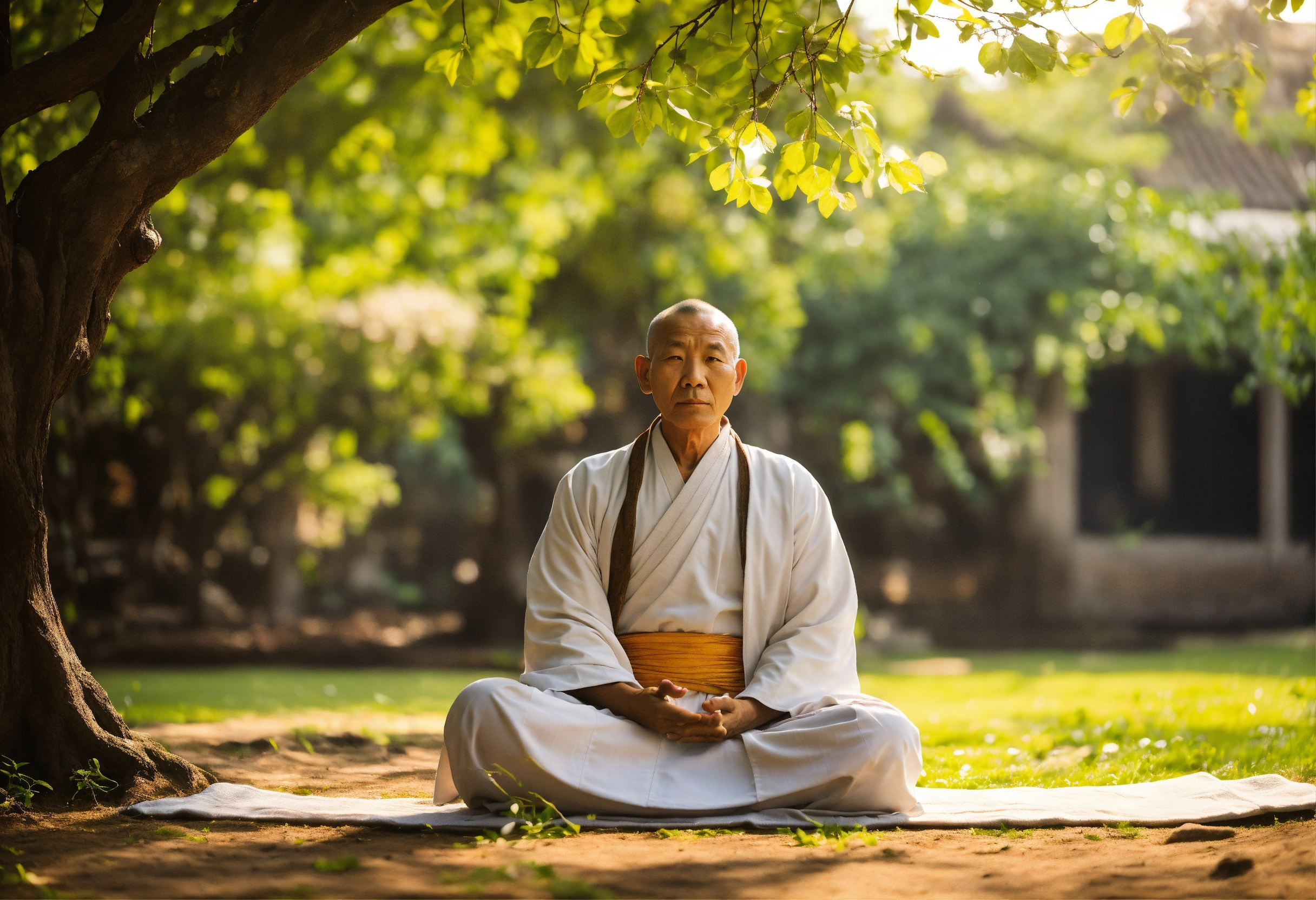 Lexica - Wise monk wearing white clothes sitting in meditation under a ...