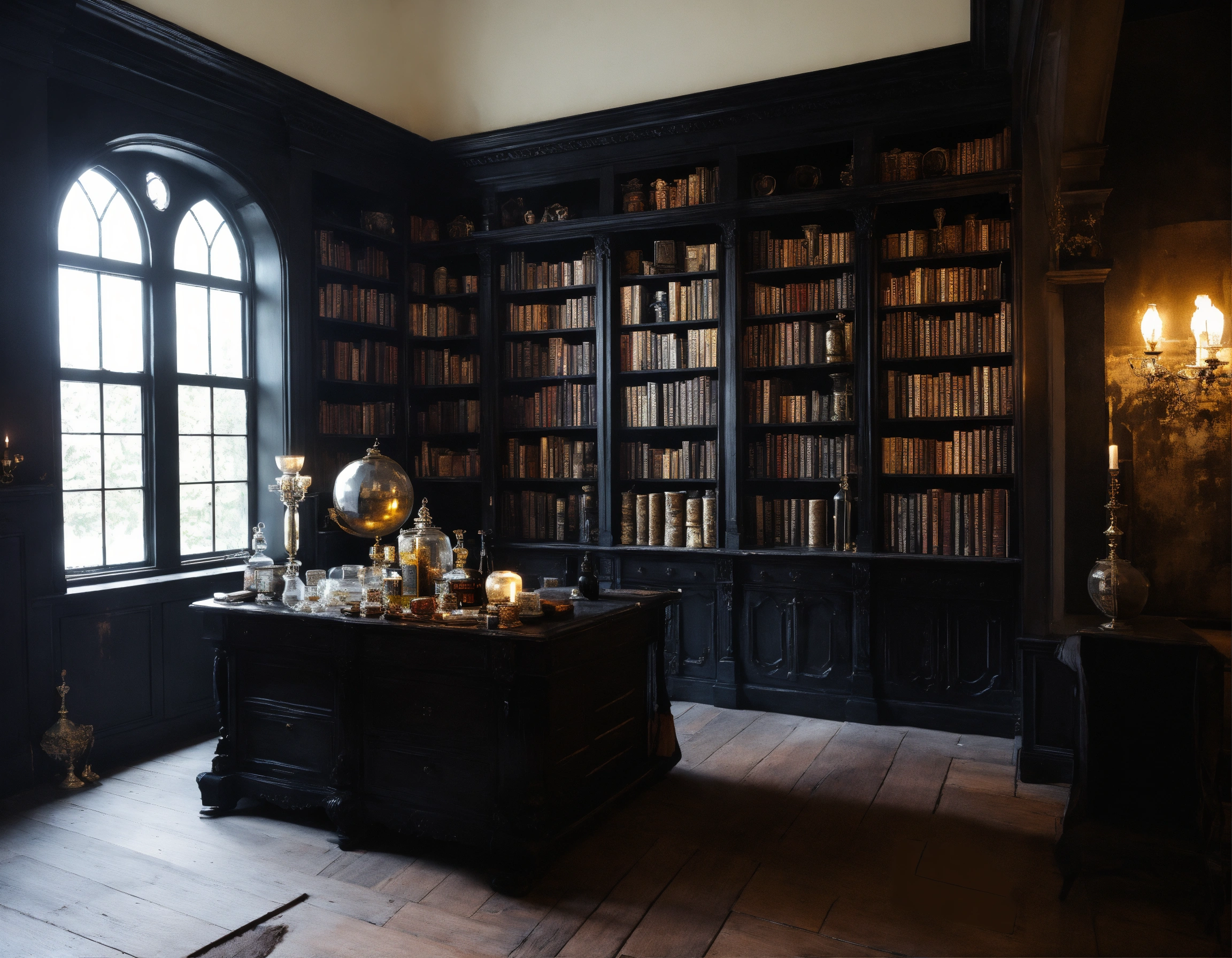 Lexica - Interior design, black everything, with a large bookshelf ...