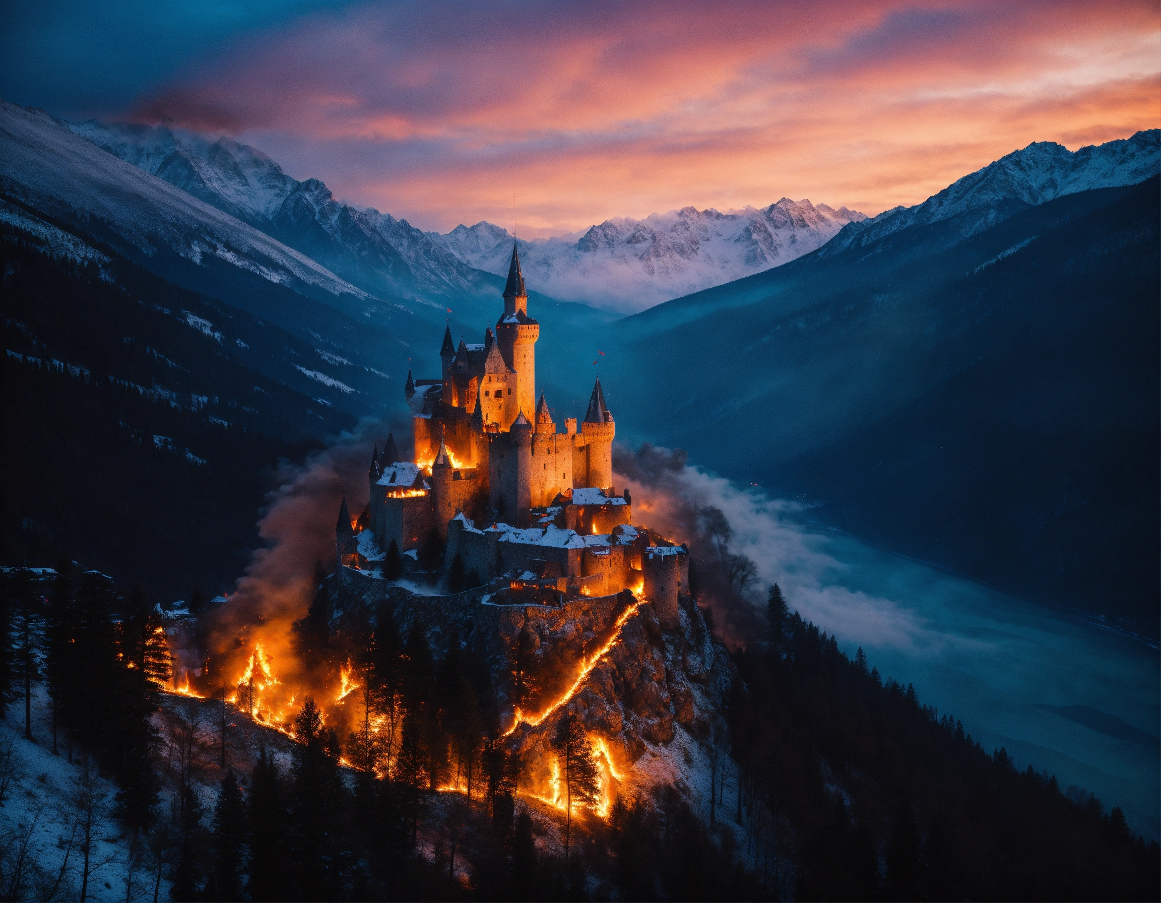 Lexica - Photography of a burning medieval castle in the mountains ...
