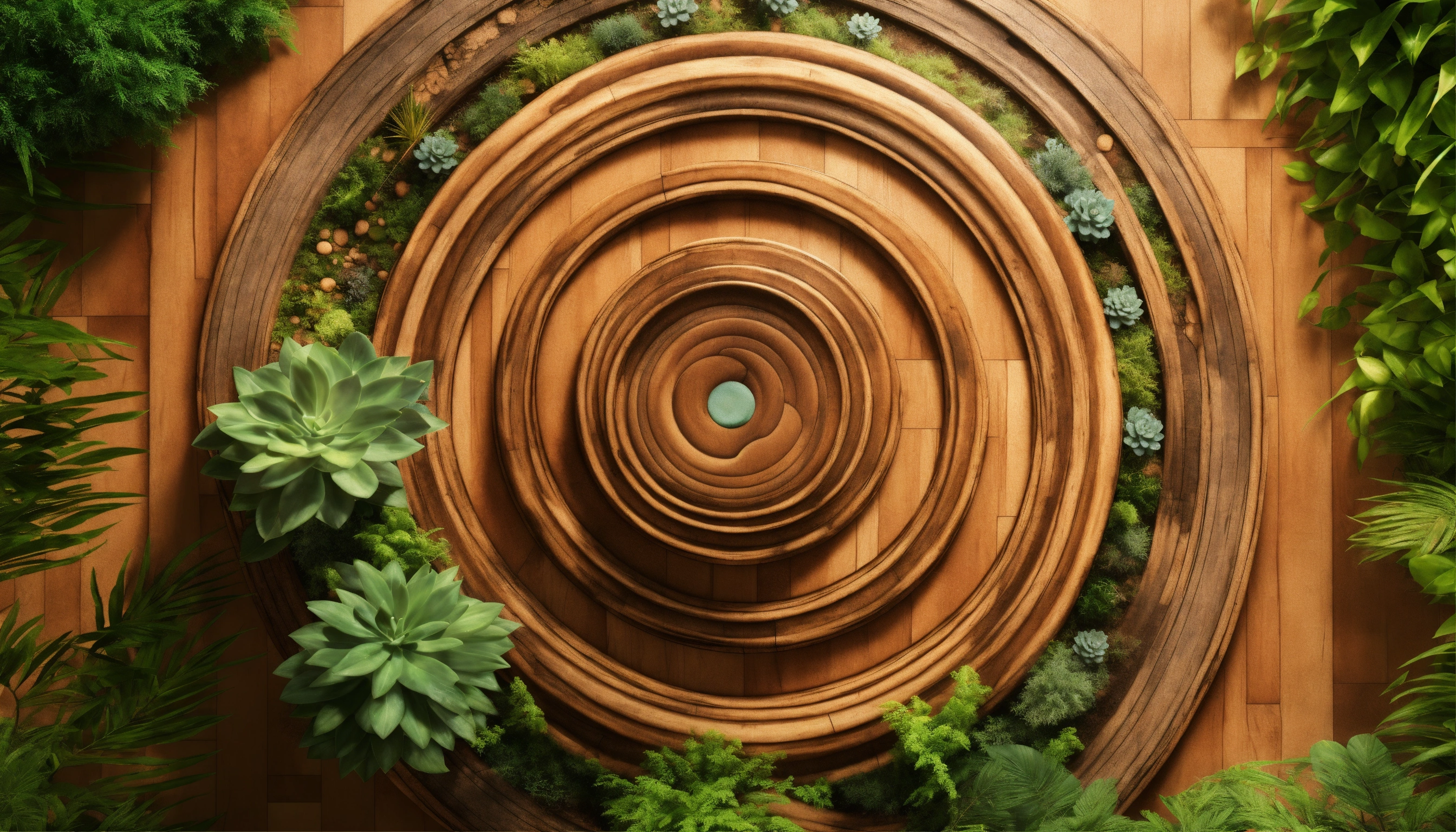 Lexica - Surrealist concentric circles on wood surrounded by plants. In ...