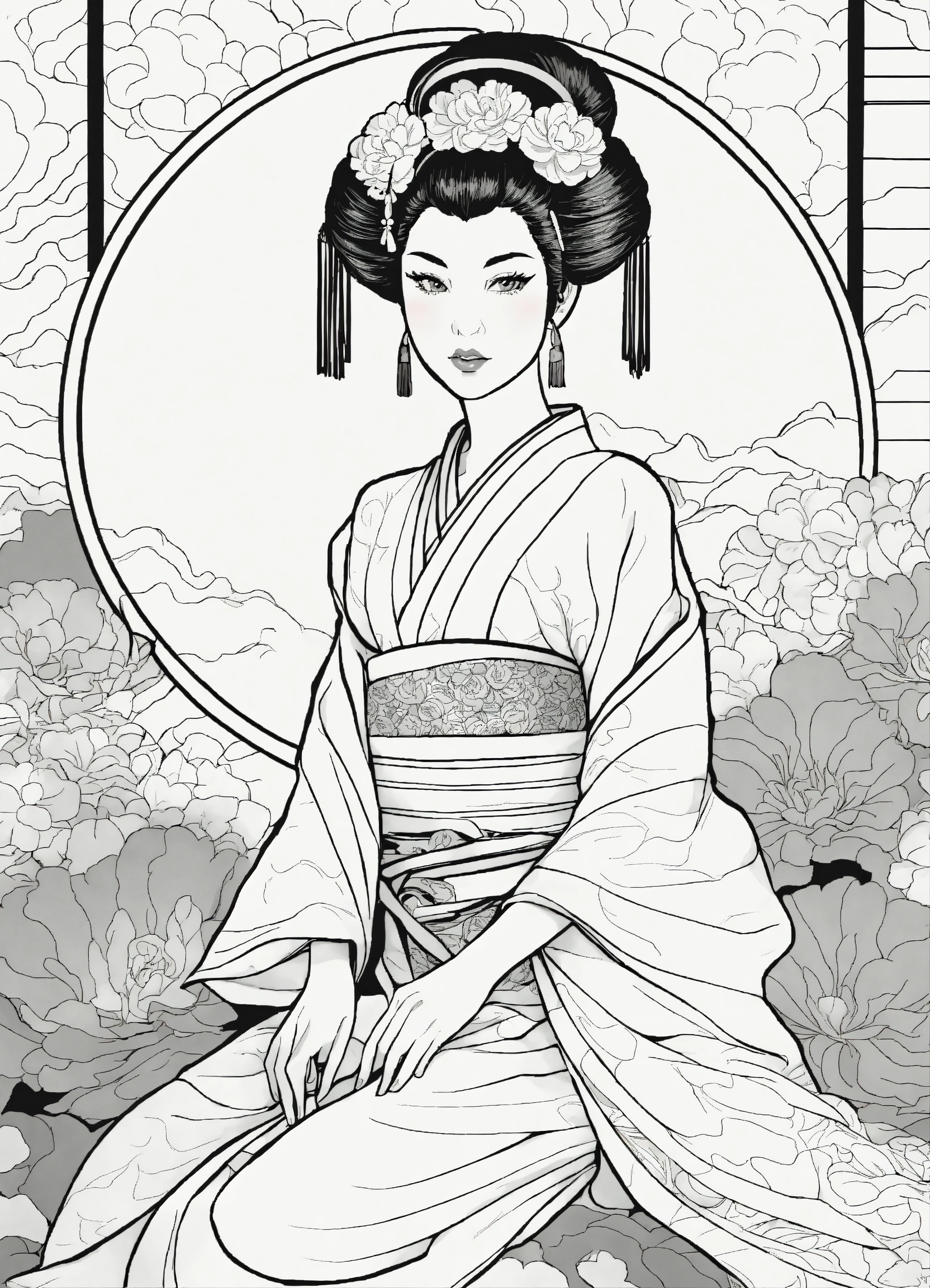 Lexica - Adult Coloring Book Page of a Geisha pin-up, Line Art, Black ...