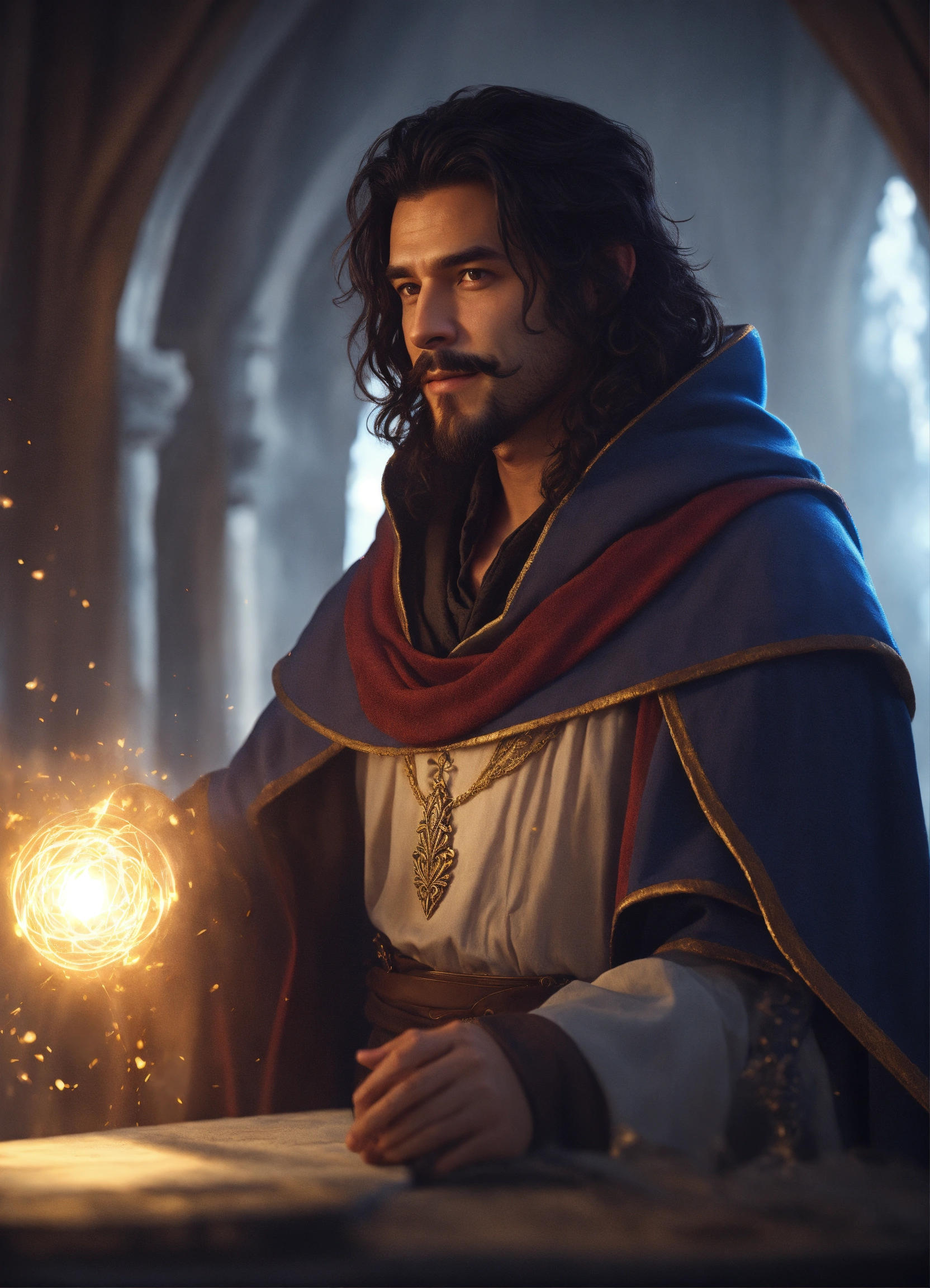 Lexica - Dark medium hair, french goatee, smirk, wizard robes, creating ...