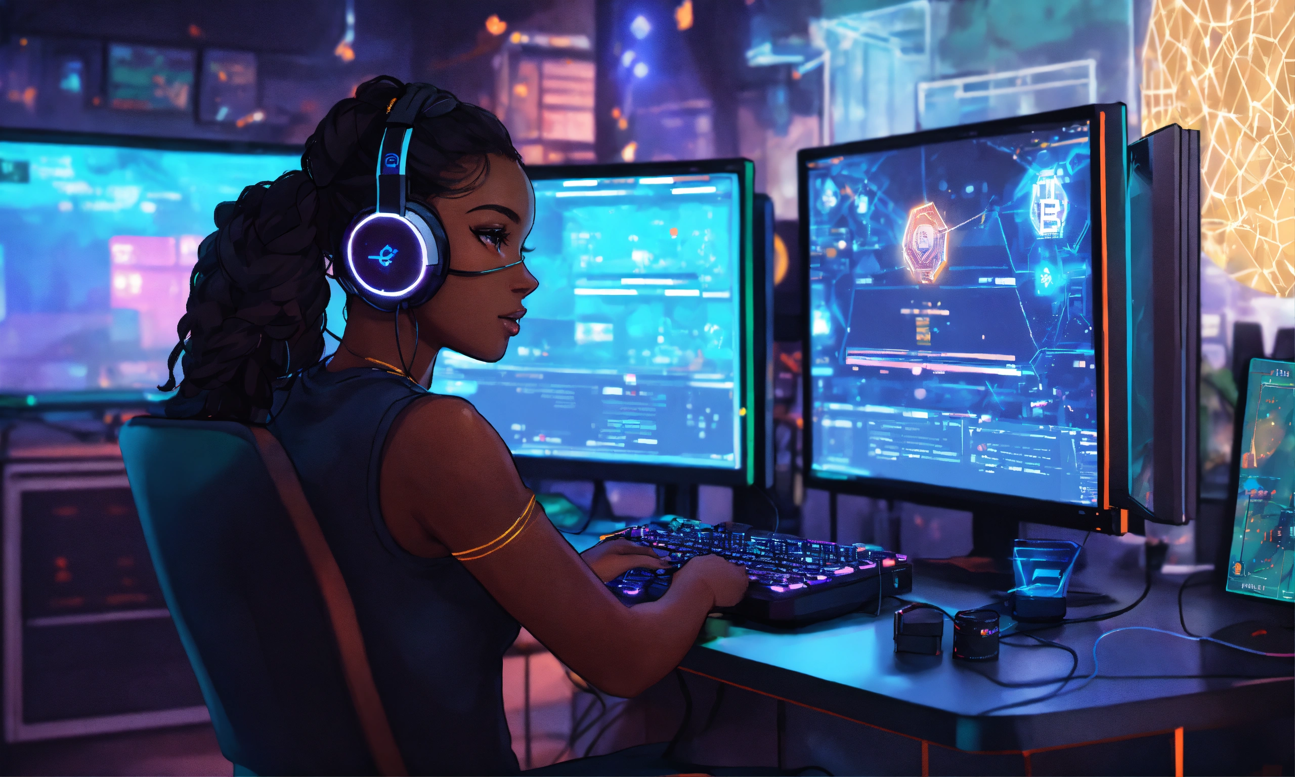 Lexica - A black female gamer playing a blockchain game in their gaming ...