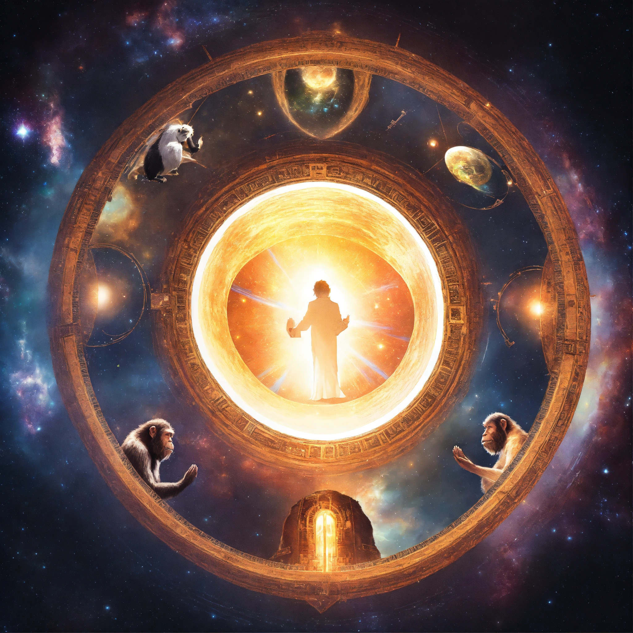 Lexica - Apes praying to a human god in space, in circle image ...
