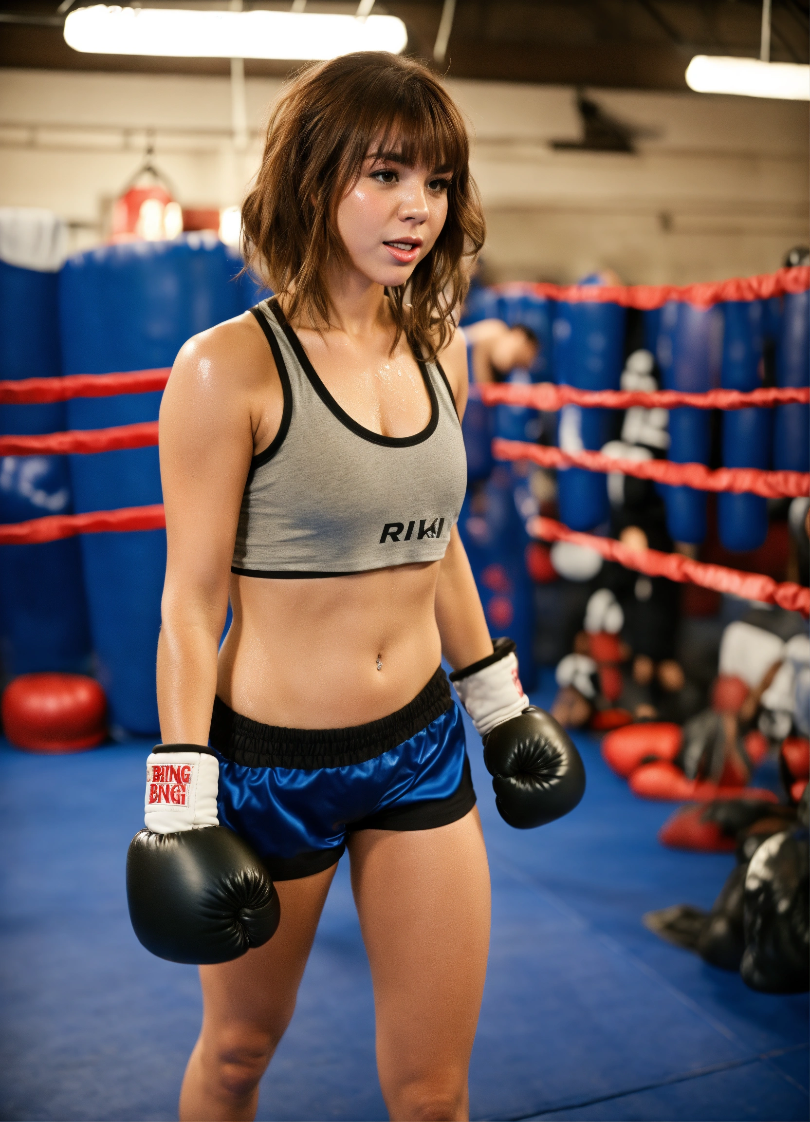 Lexica - Ariel rebel, boxing gym, boxing shorts, body shot, candid, glistening sweat