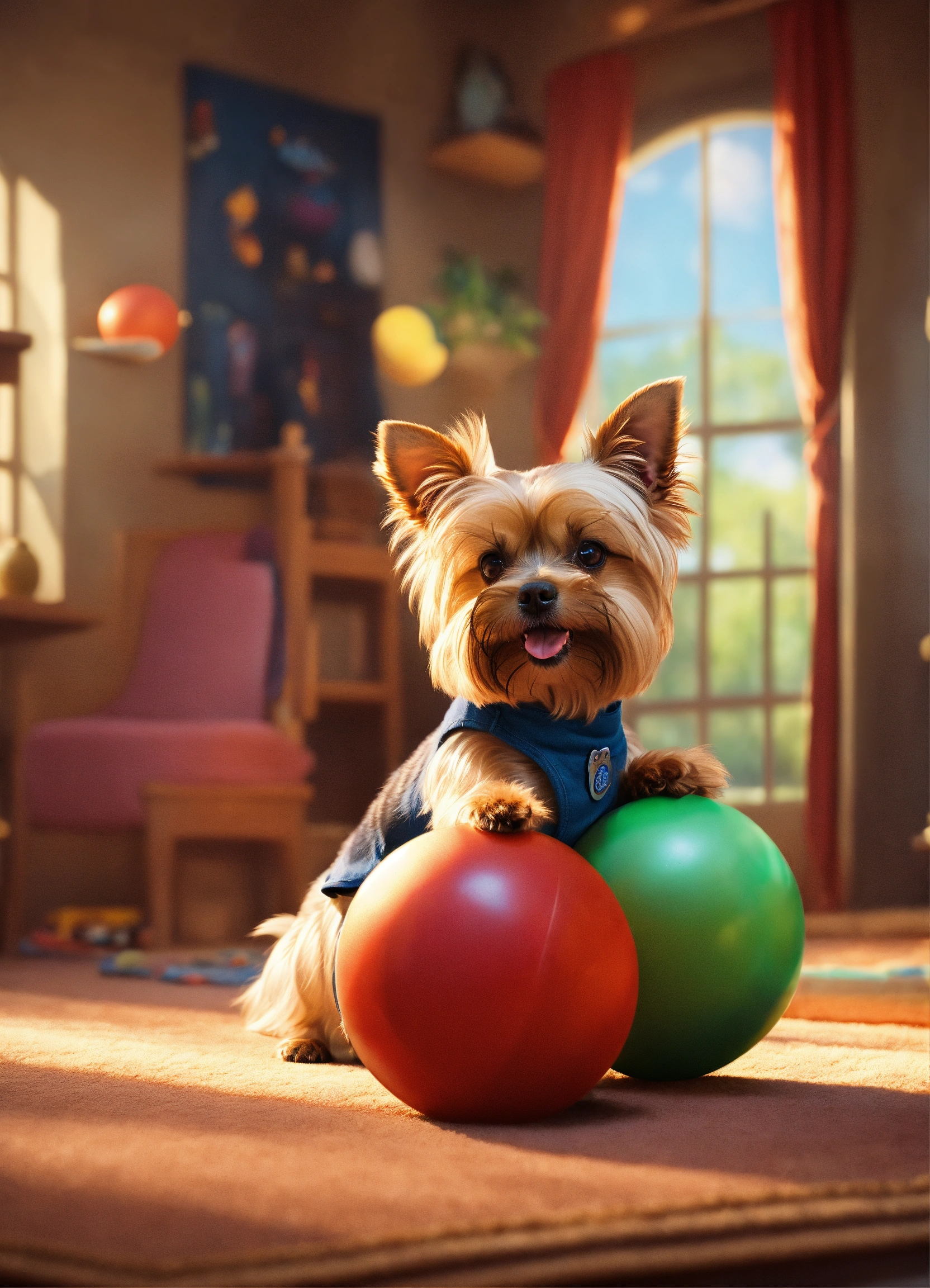 Lexica - Yorkshire terrier dog in a house, playing with a ball in PIXAR ...