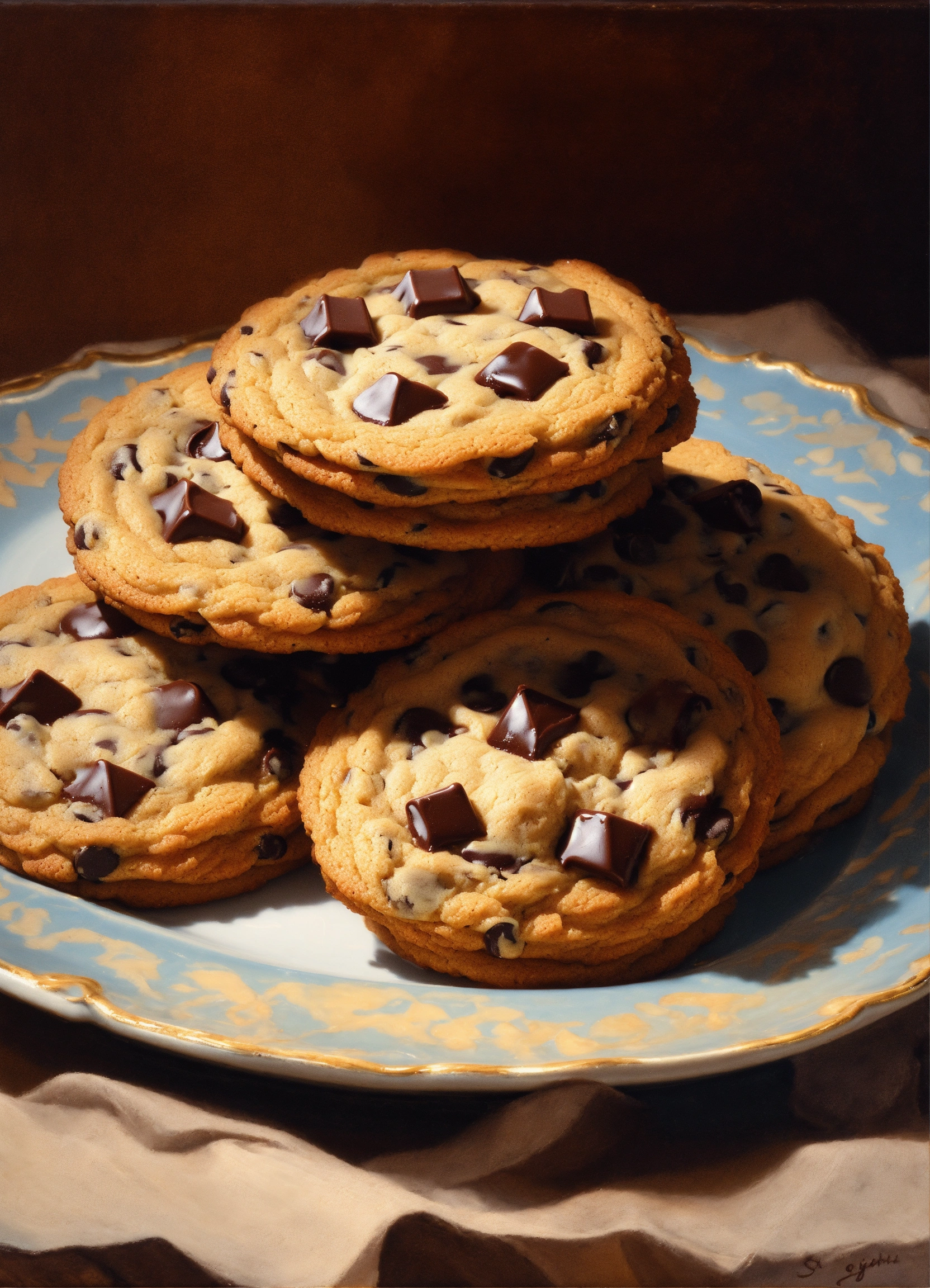 Lexica - Still life oil painting of a stack of 3 chocolate chip cookies ...