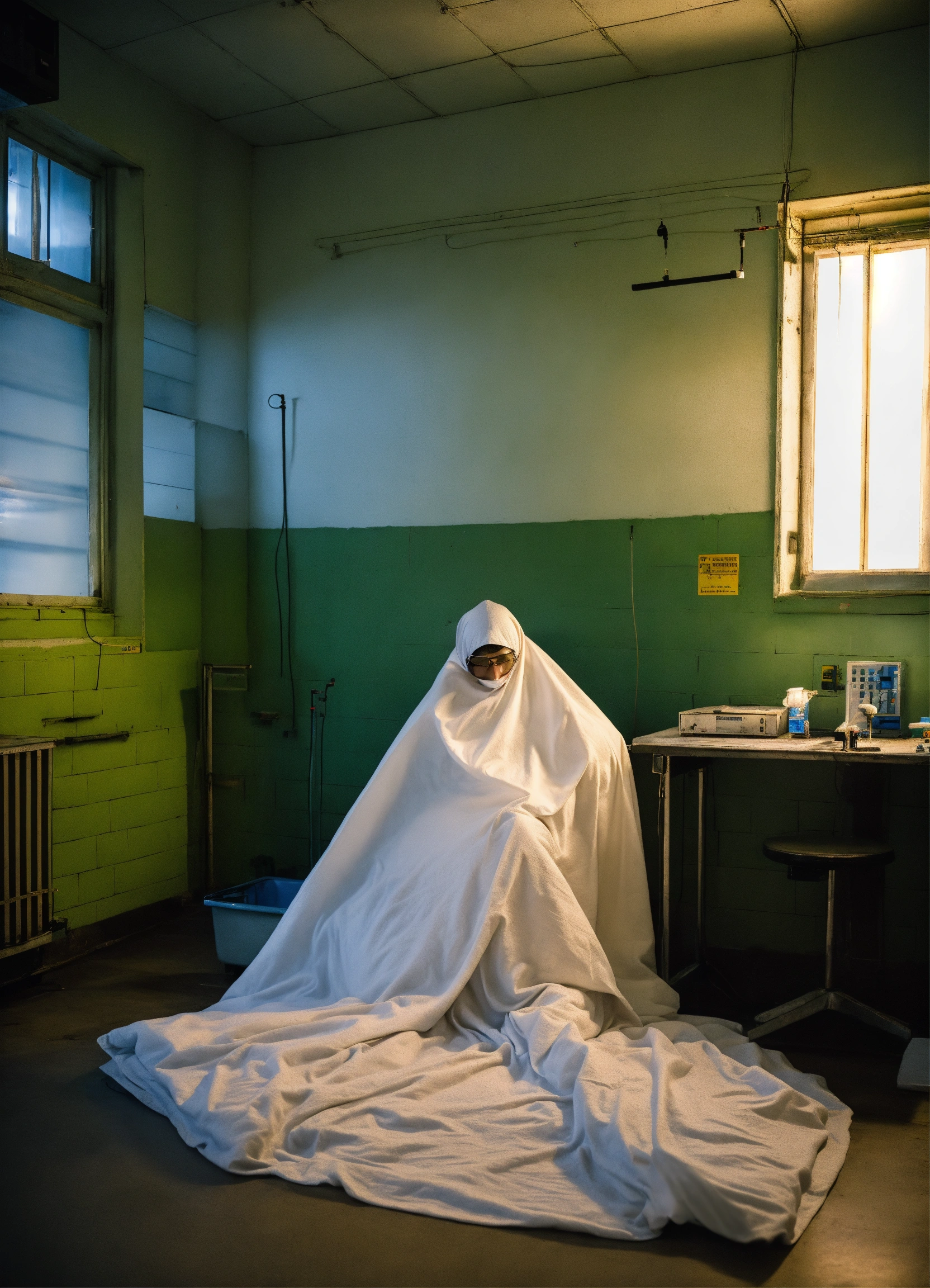 Lexica - A lifeless person covered with white bedsheet in forensic lab