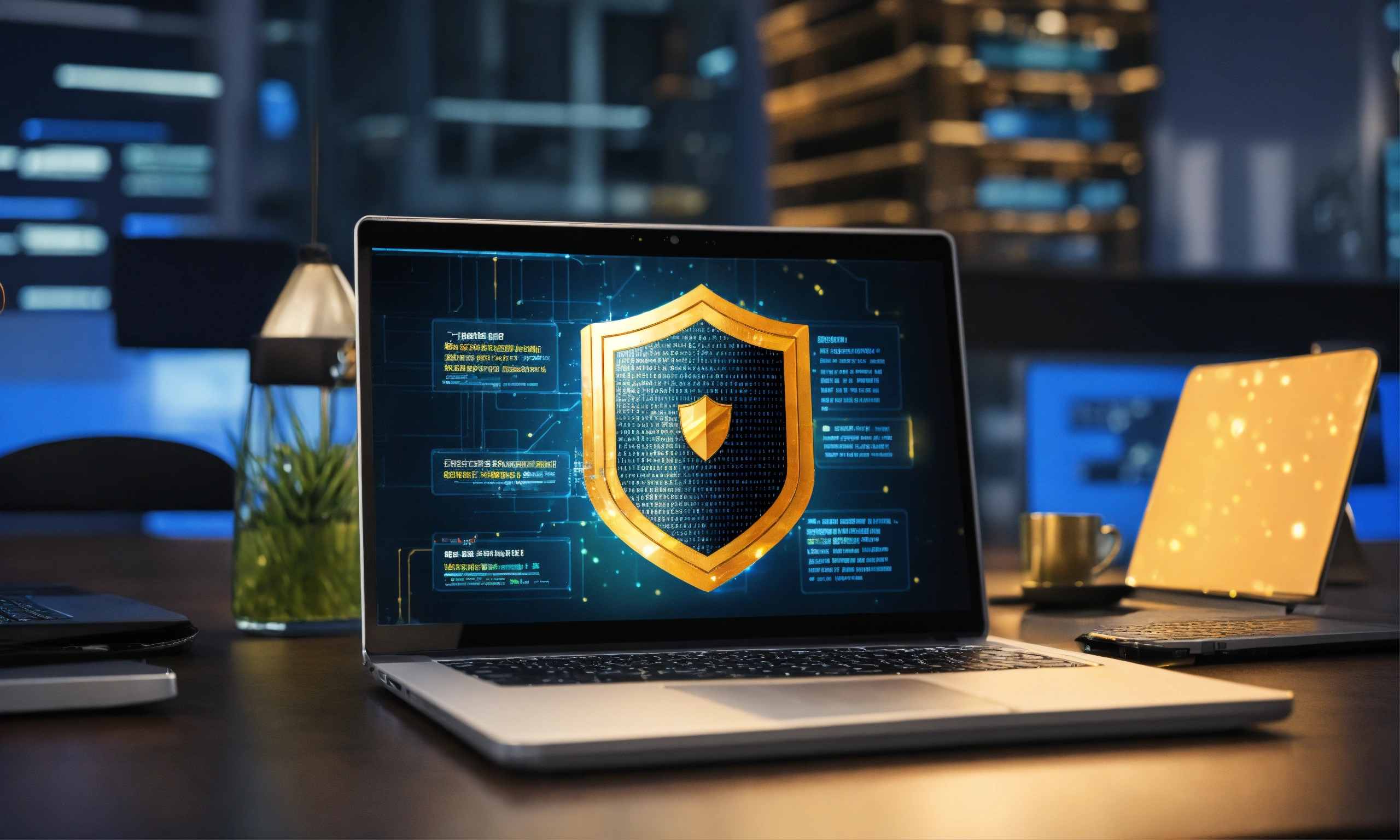 Lexica - Cyber shield on laptop illustration with office background