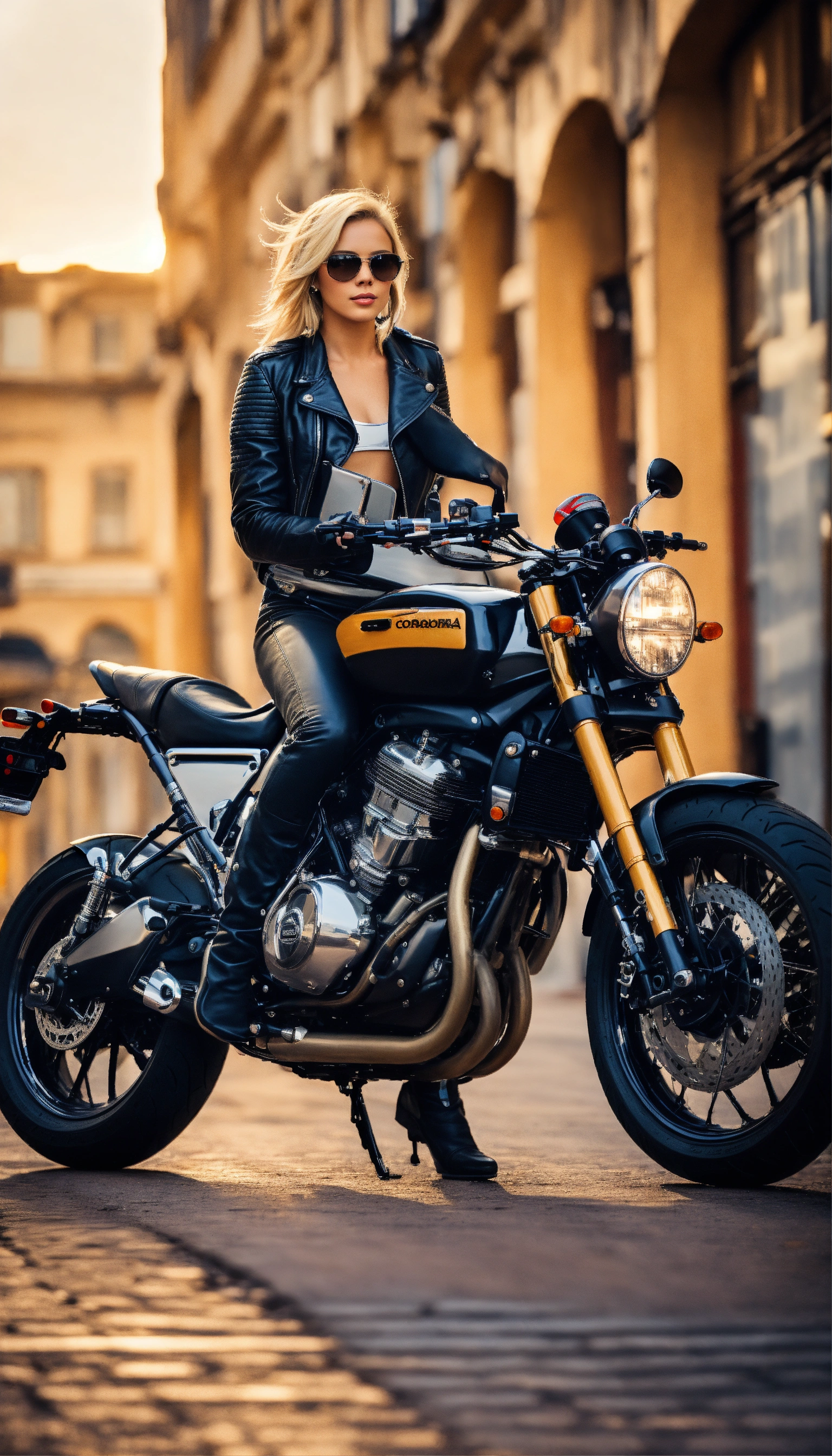 Lexica - "Generate images of a blonde woman dressed as a motorcyclist ...
