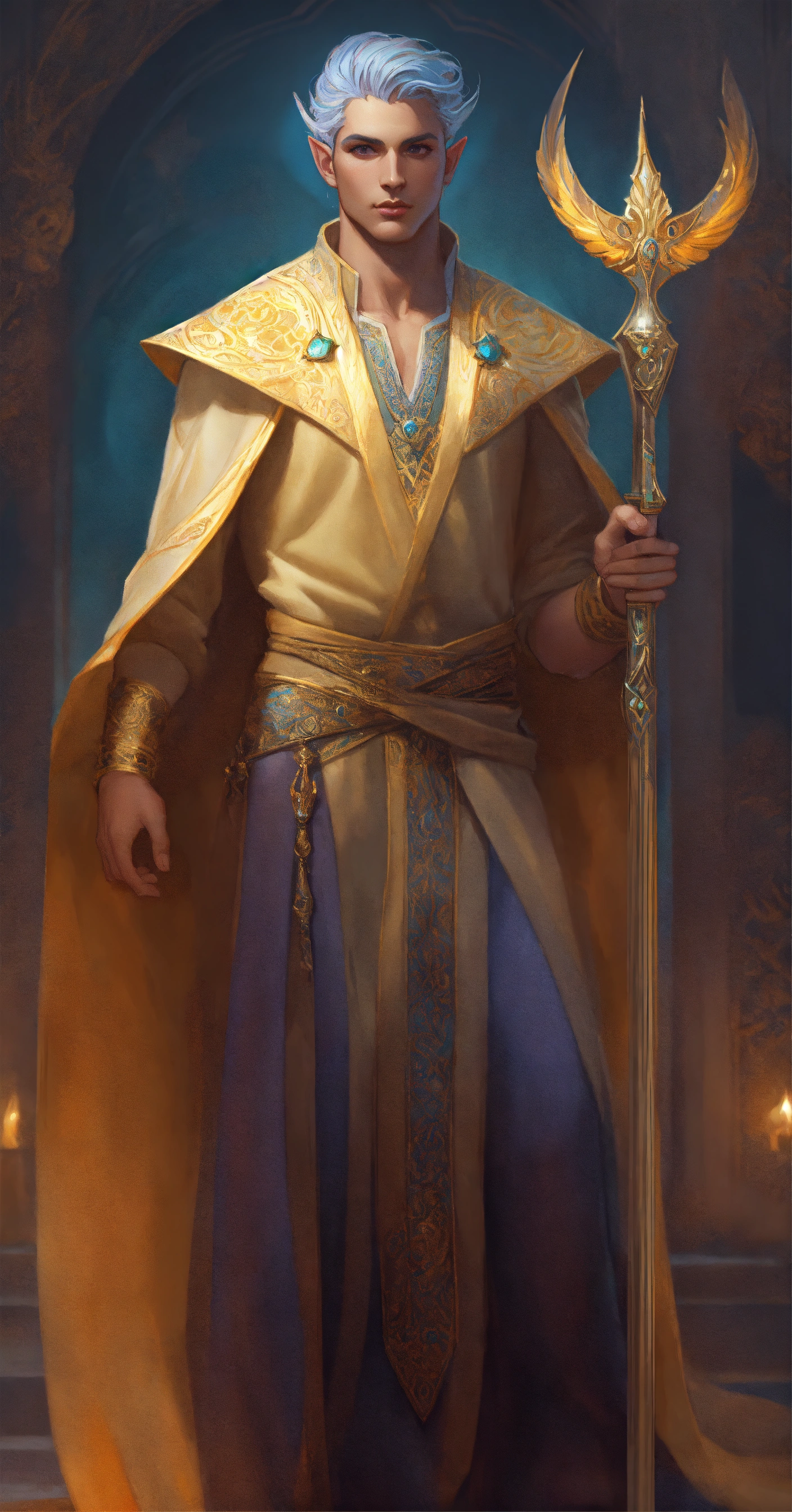 Lexica - Persian Male Elf Wizard with magical staff, high cheekbones, full body, highly detailed ...
