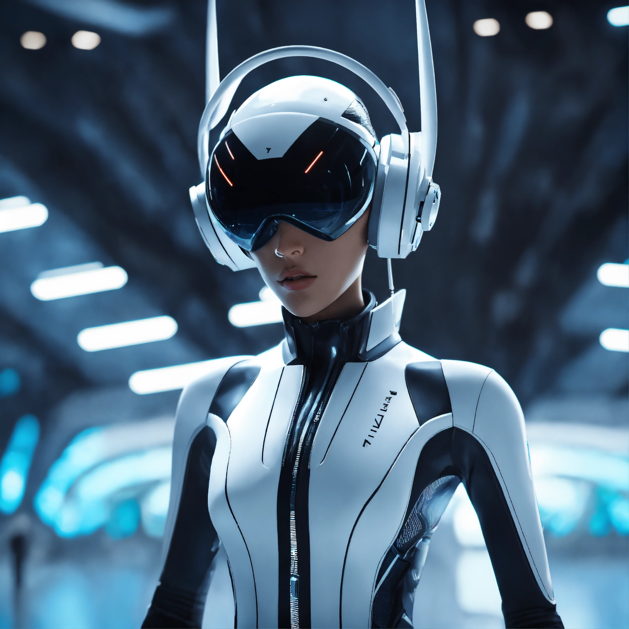Lexica - Wide shot of a female super spy wearing a tight futuristic spy ...