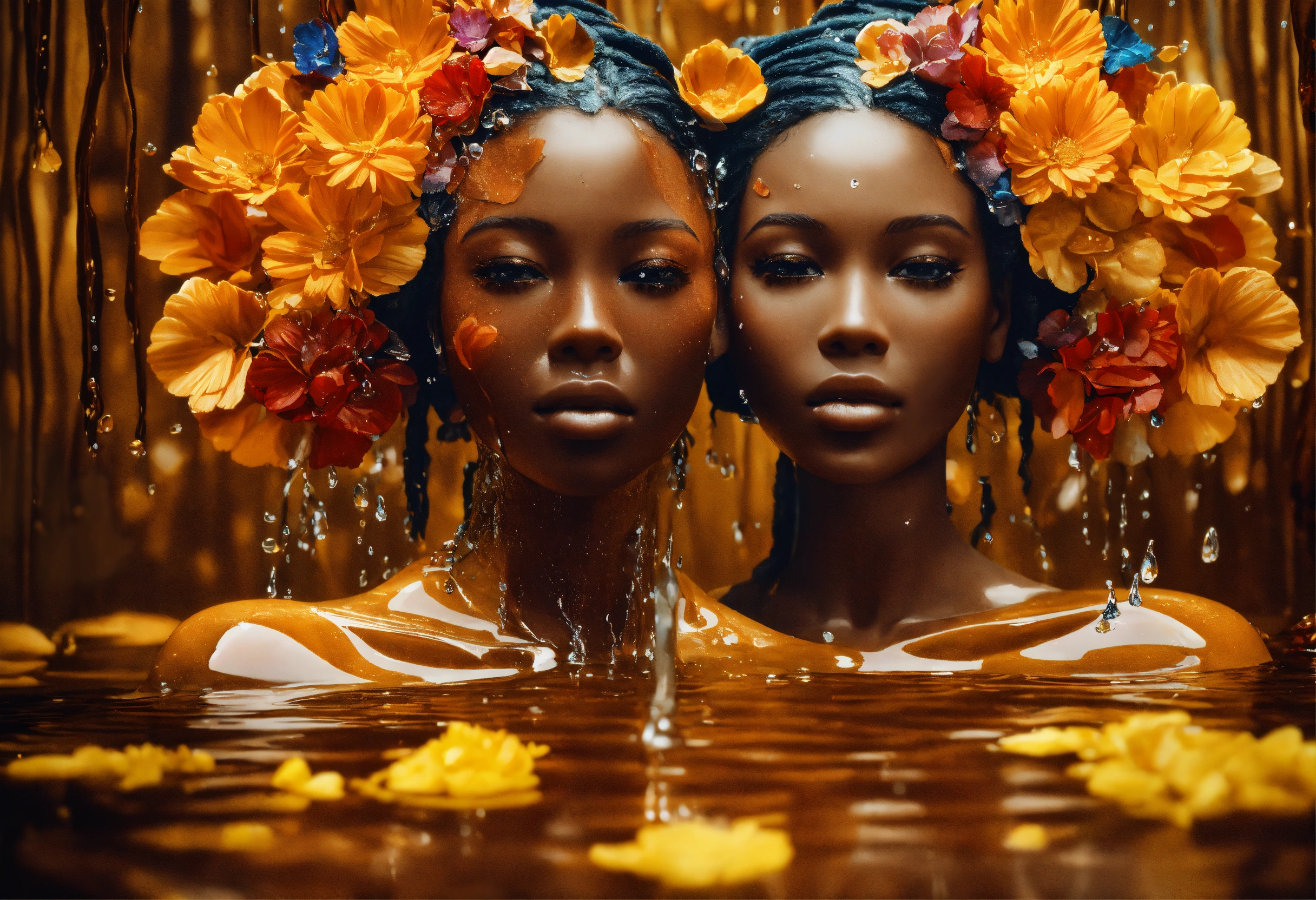 Lexica - Two surreal Afrocentric women, one made of glass with water ...