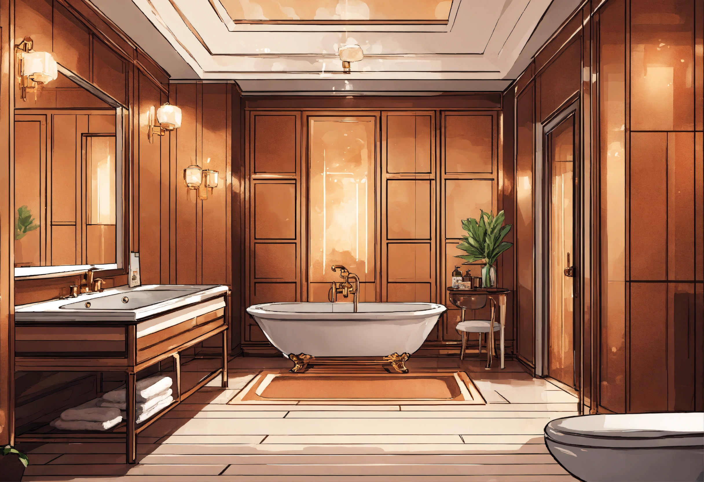 Lexica - LUXURY BATHROOM 2D ILLUSTRATION, BOOK ILLUSTRATION STYLE