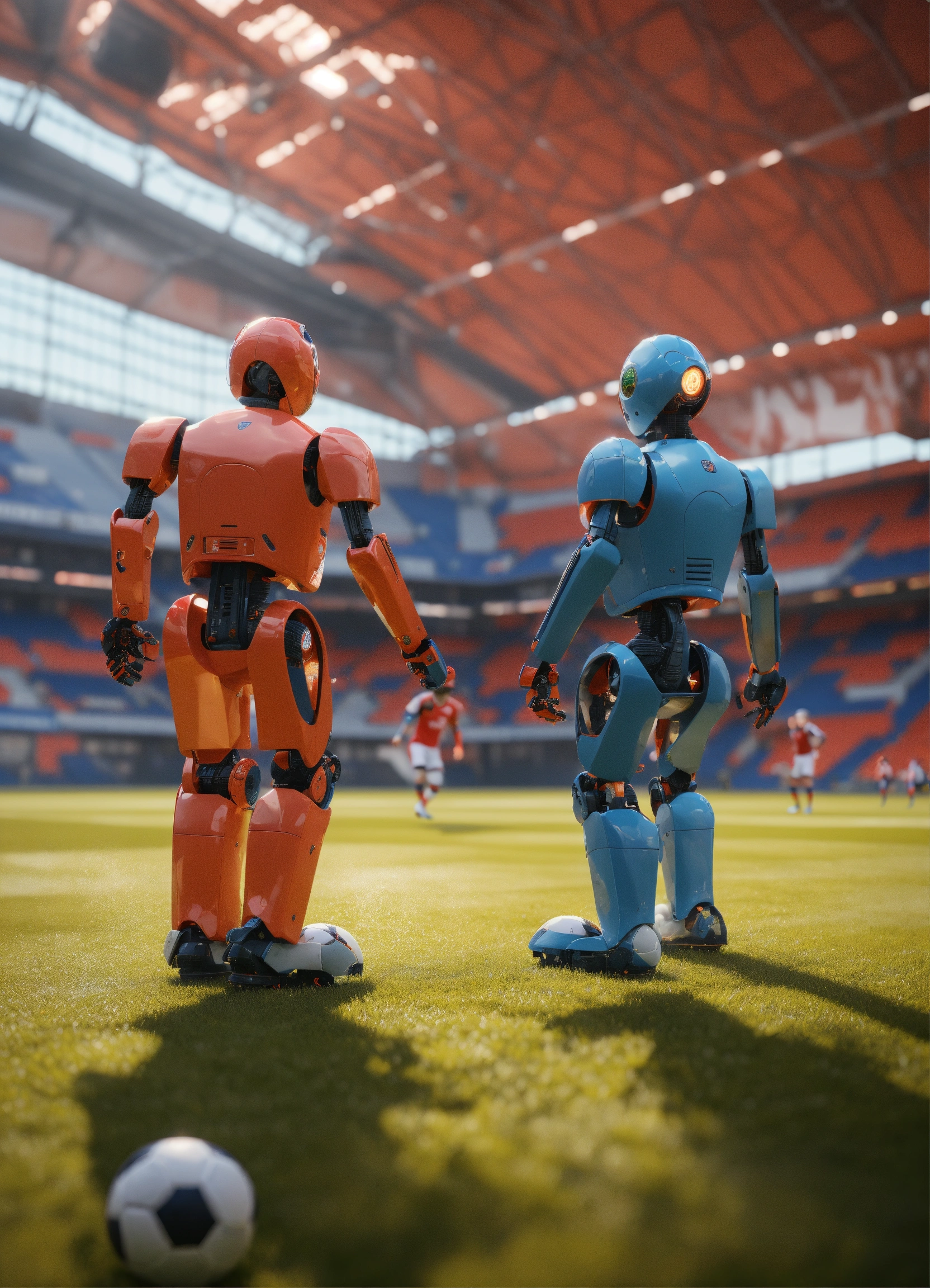 Lexica - Two robot soccer players are playing a game of soccer, in the ...