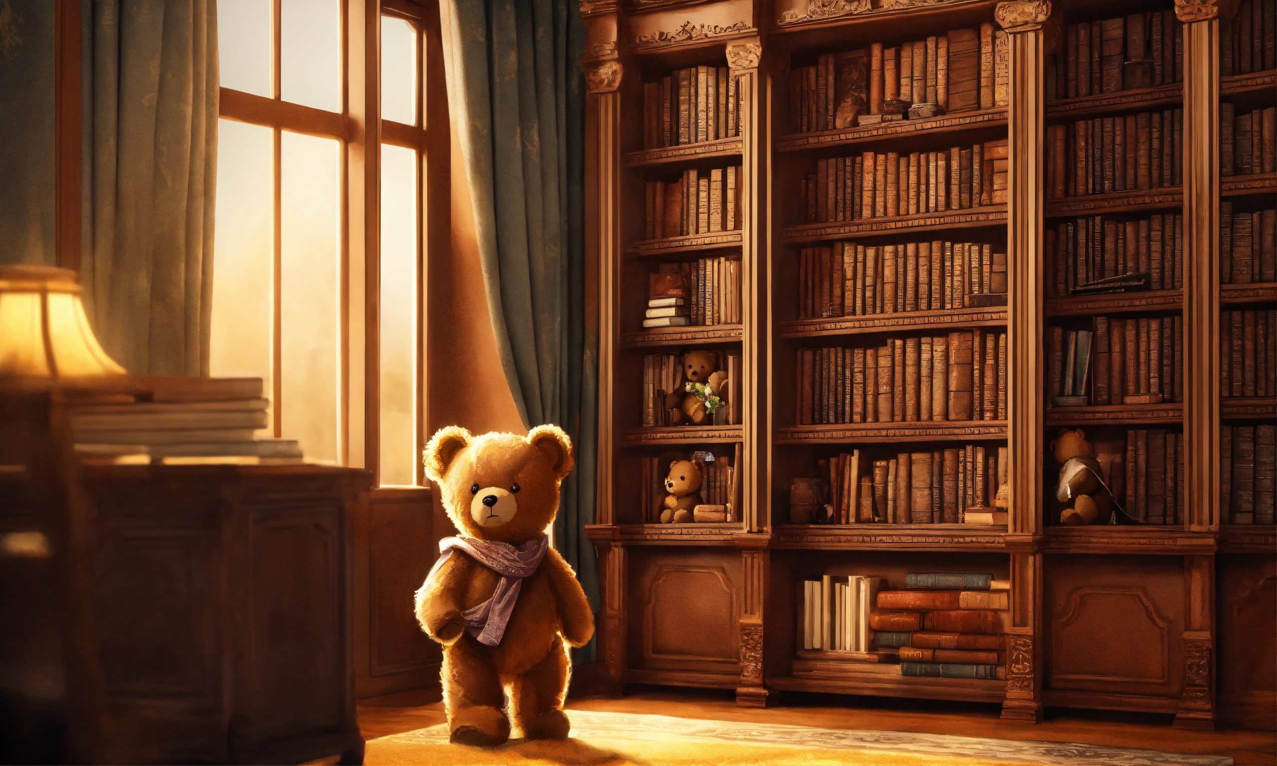 Lexica - Stunning illustration of a teddy bear climbing a bookcase ...