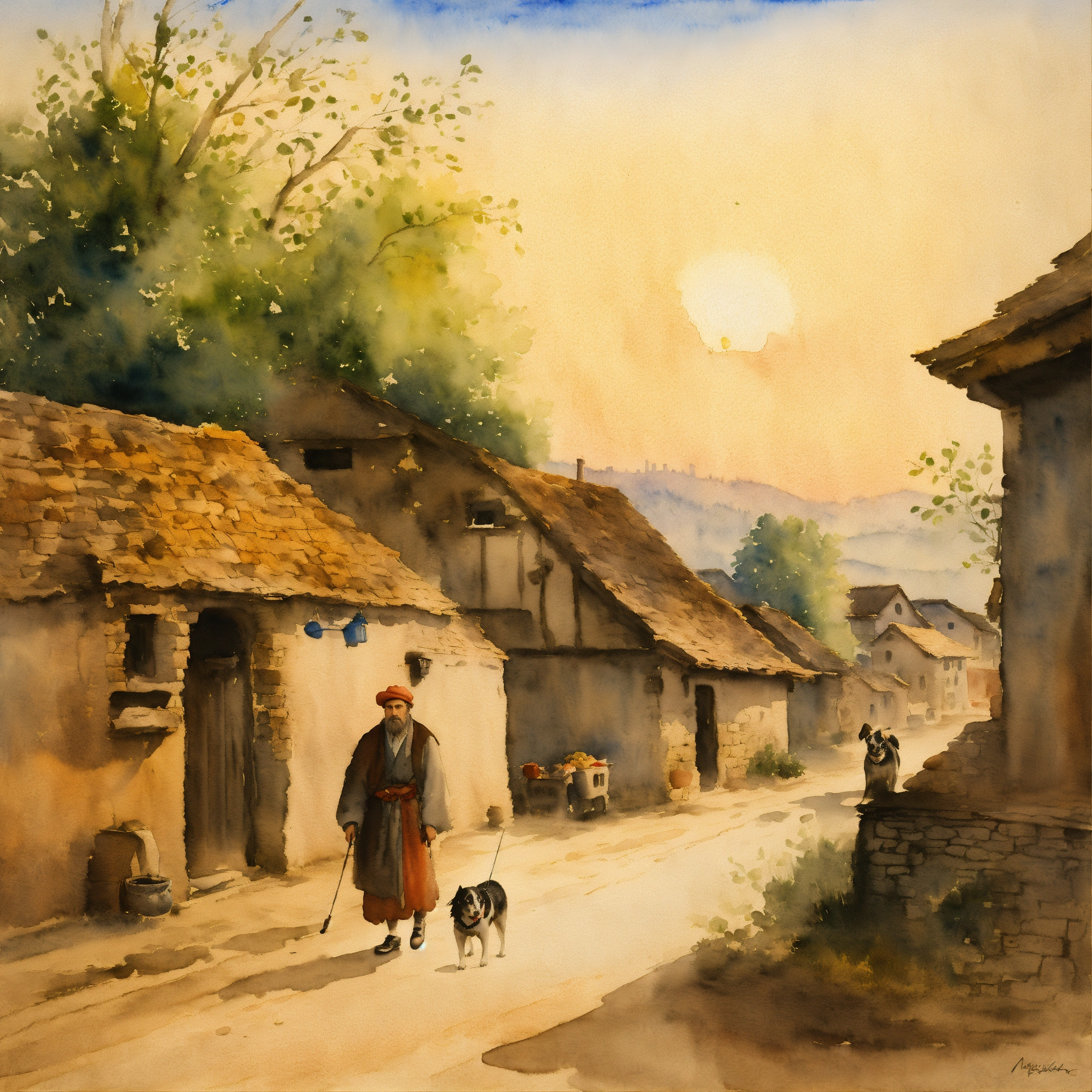 Lexica - Watercolor, merchant with his dog walking towards a village