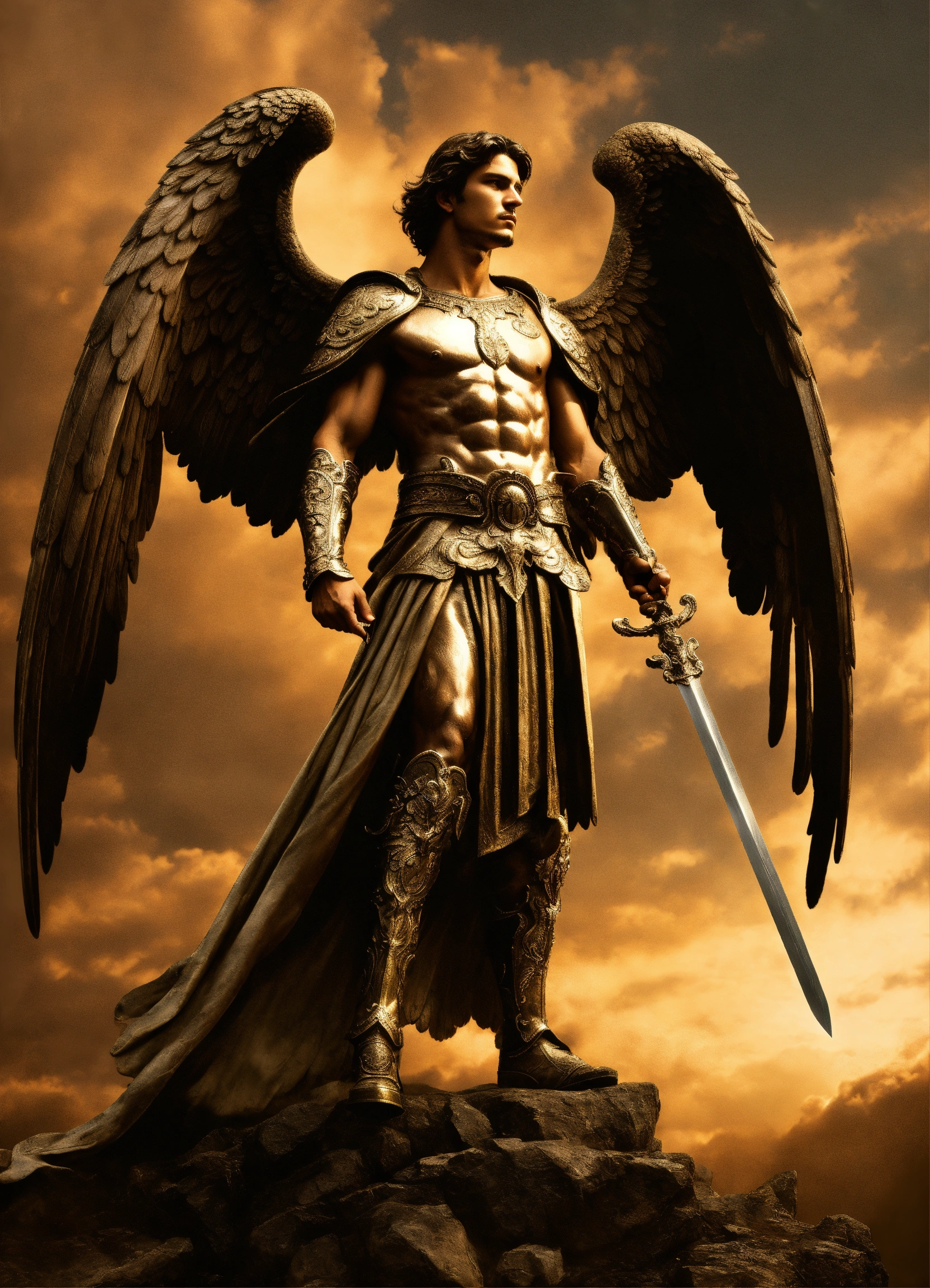 Lexica - A man angel with wings and a sword in right hand and raising ...