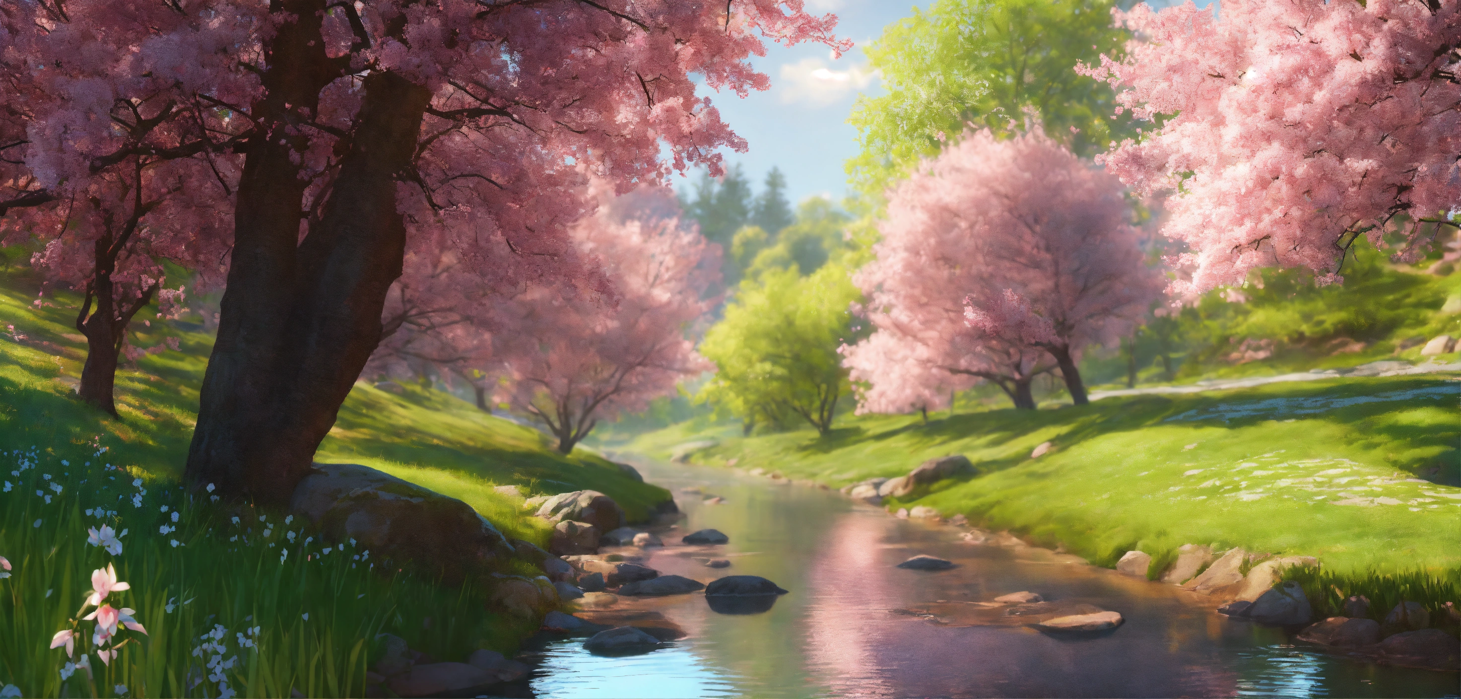 Lexica - A serene and majestic spring landscape with blossoming trees ...