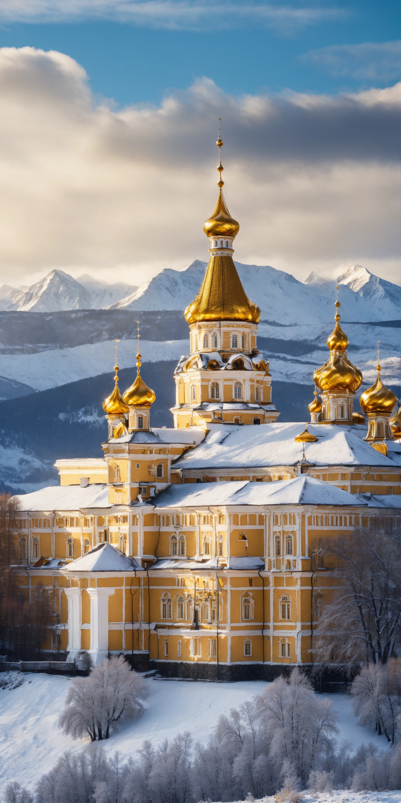 Lexica - Russian royal castle with golden roof in foreground and winter ...