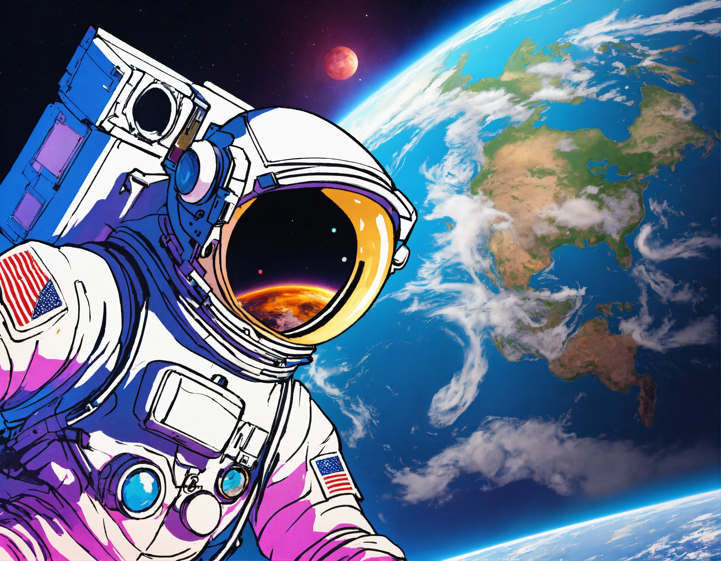 Lexica - An astronaut repairing a space satellite, earth in the ...