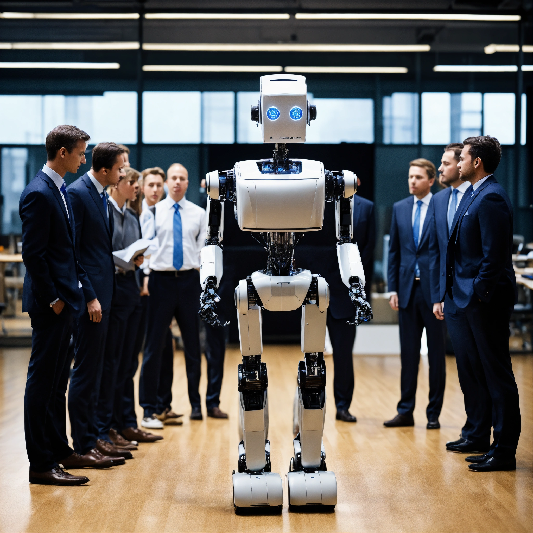 Lexica - Realistic photograph of a robot coaching a team of executives