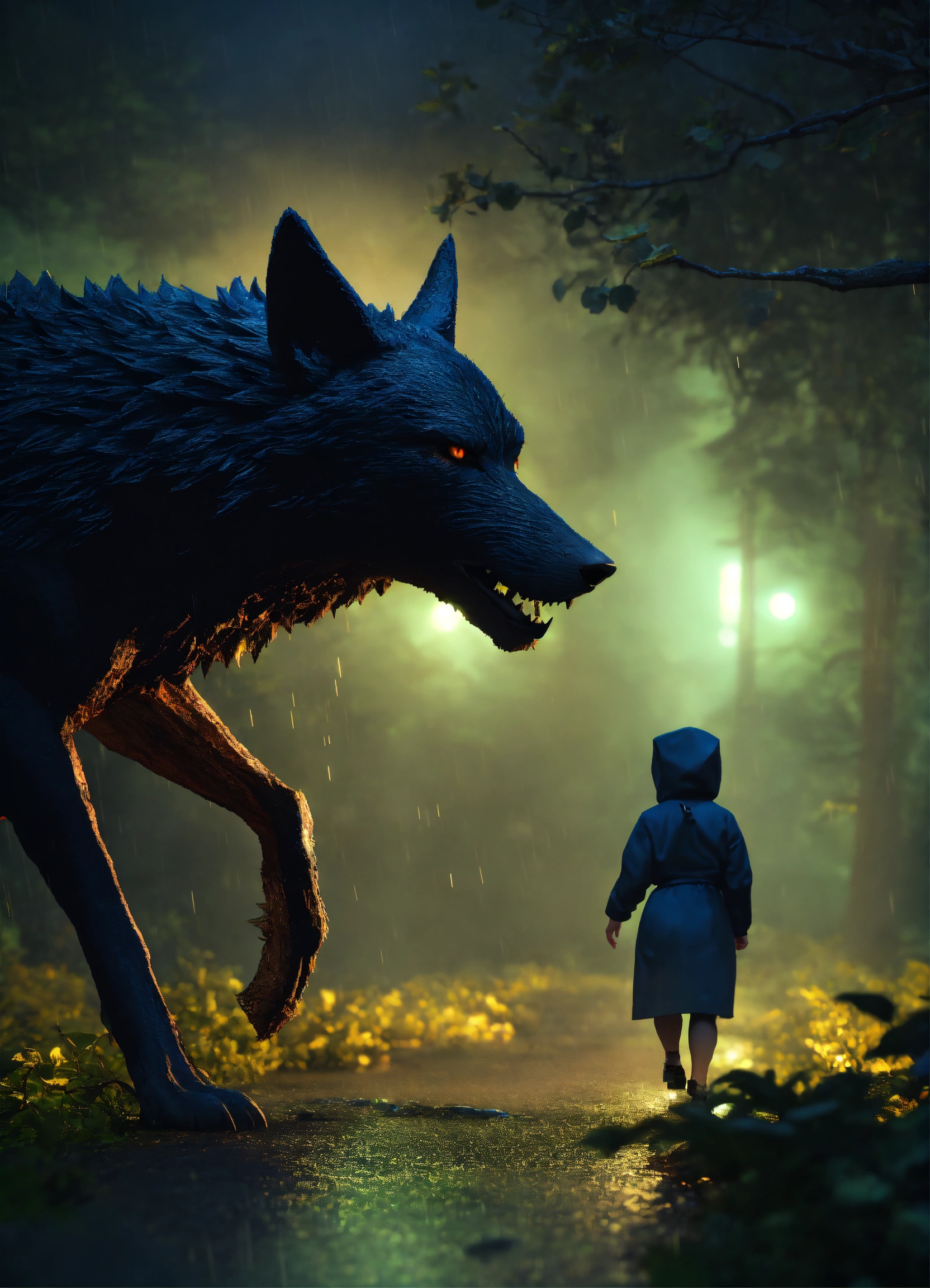 Lexica - Gigant scary wolf attack grandmother. Woods. Rain.fog.night ...