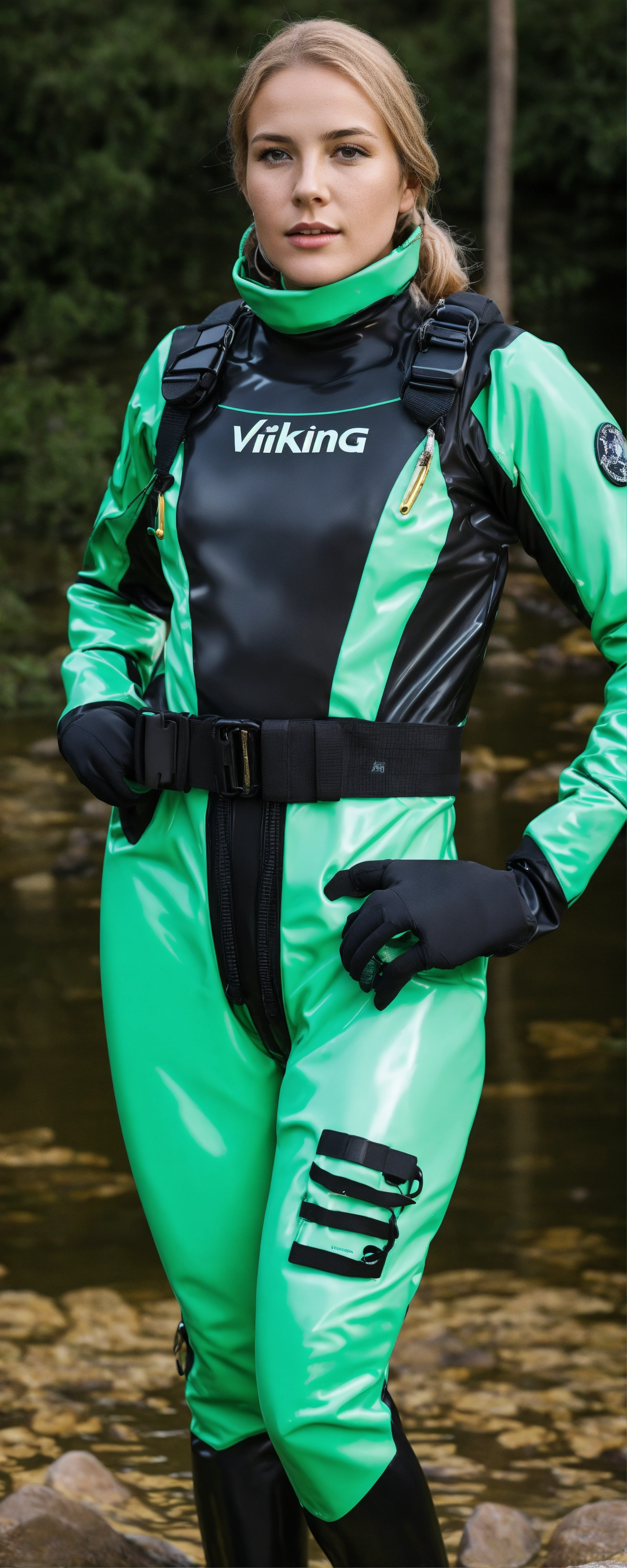 Lexica - Female diver in mint and black glossy viking drysuit