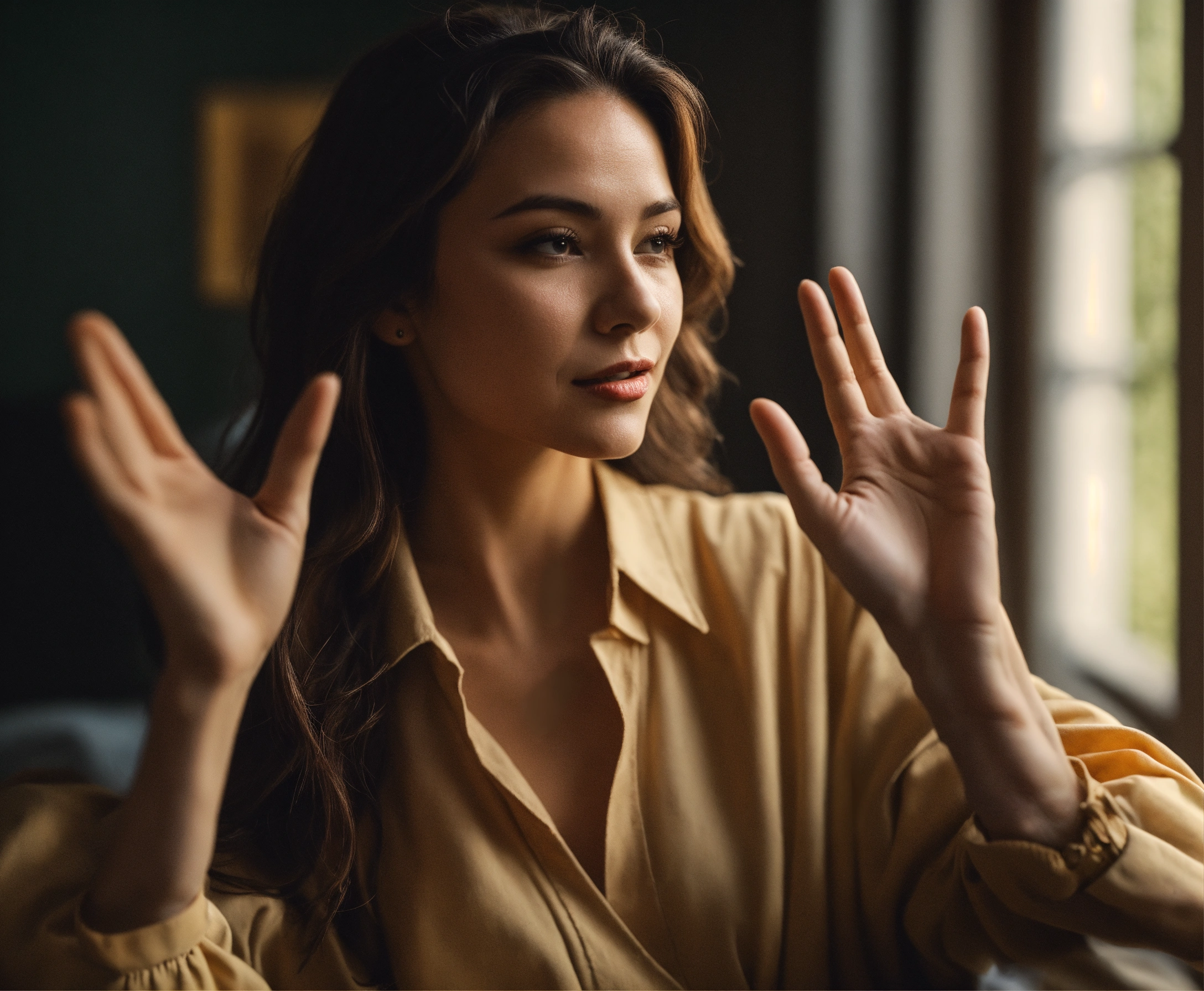 Lexica - A lady frantically waving her hands and pointing, realistic ...