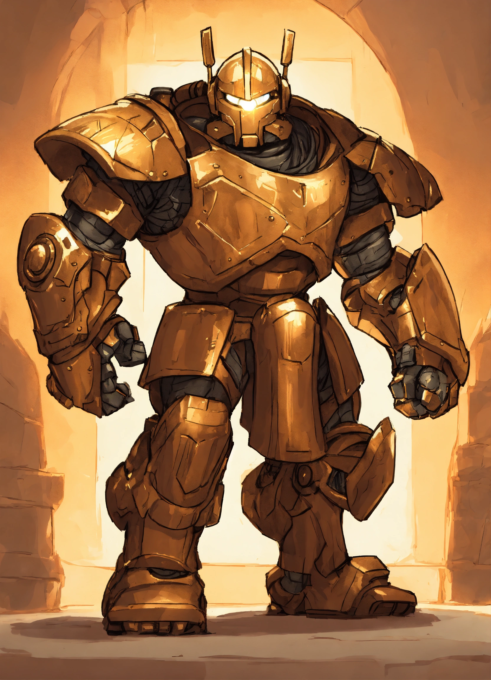Lexica - Drawing of buff ancient bronze warforged robot holding fists in a boxers pose. white ...