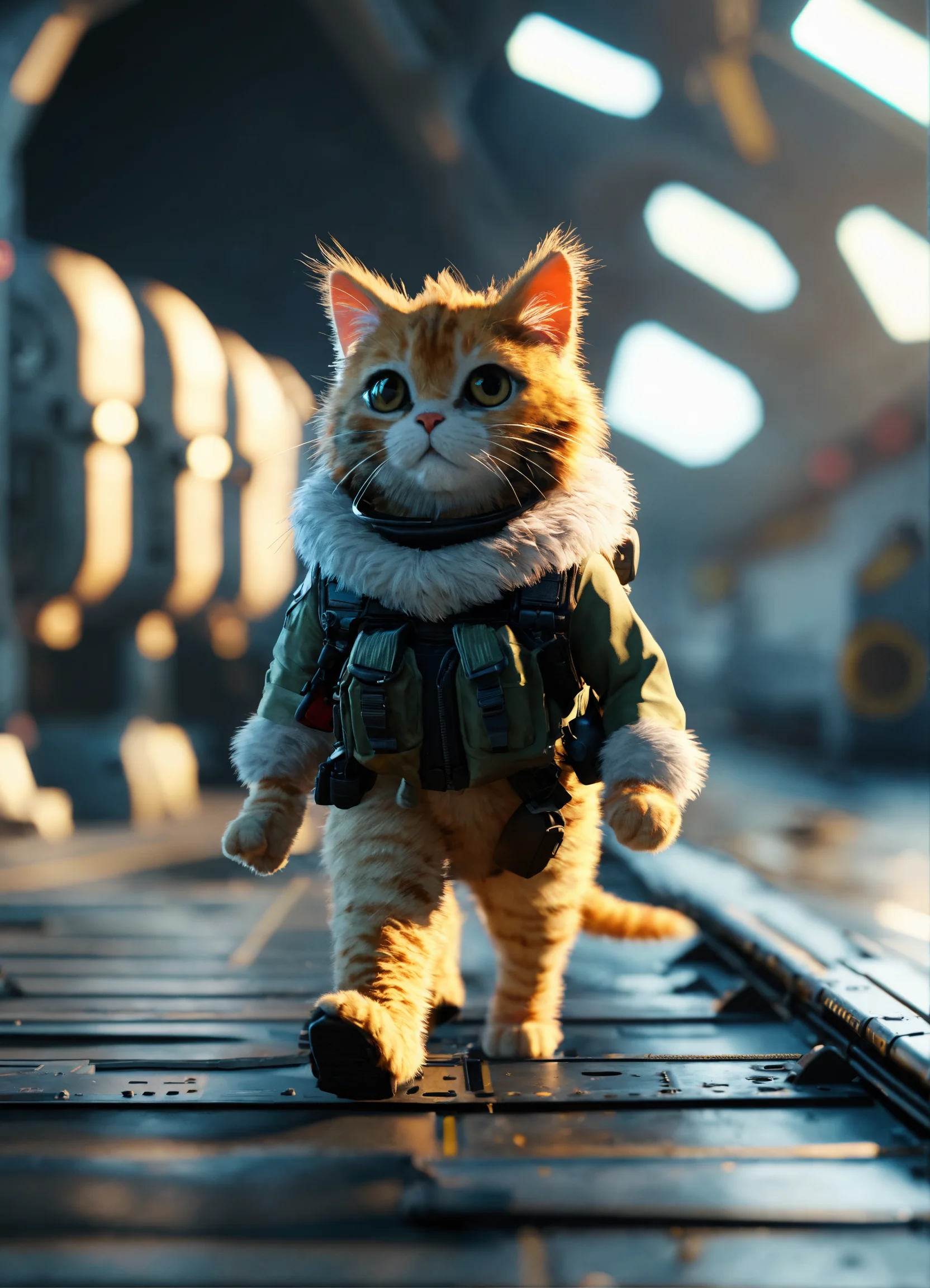Lexica - A cute fluffy cat pilot walking on a military aircraft carrier ...