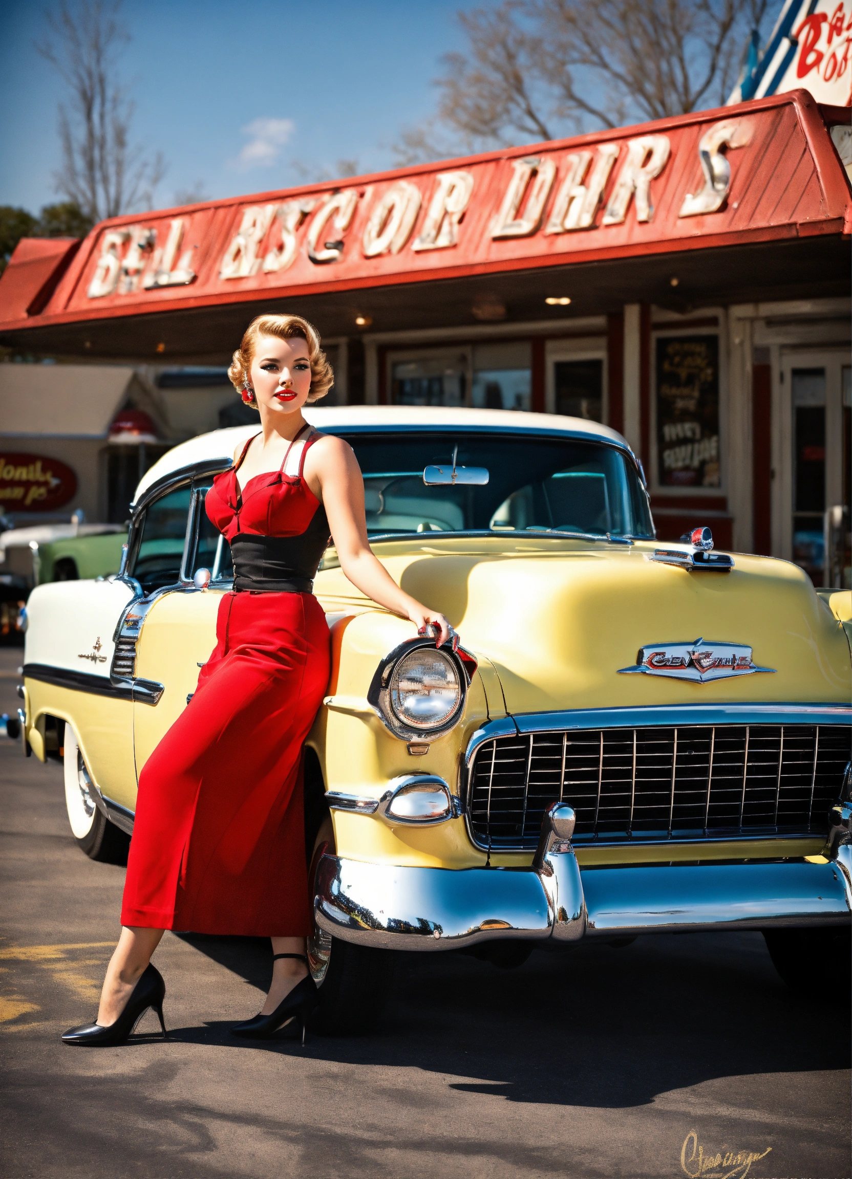 Lexica - 1955 Chevy Bel Air, pinup girl, retro, 1950’s diner