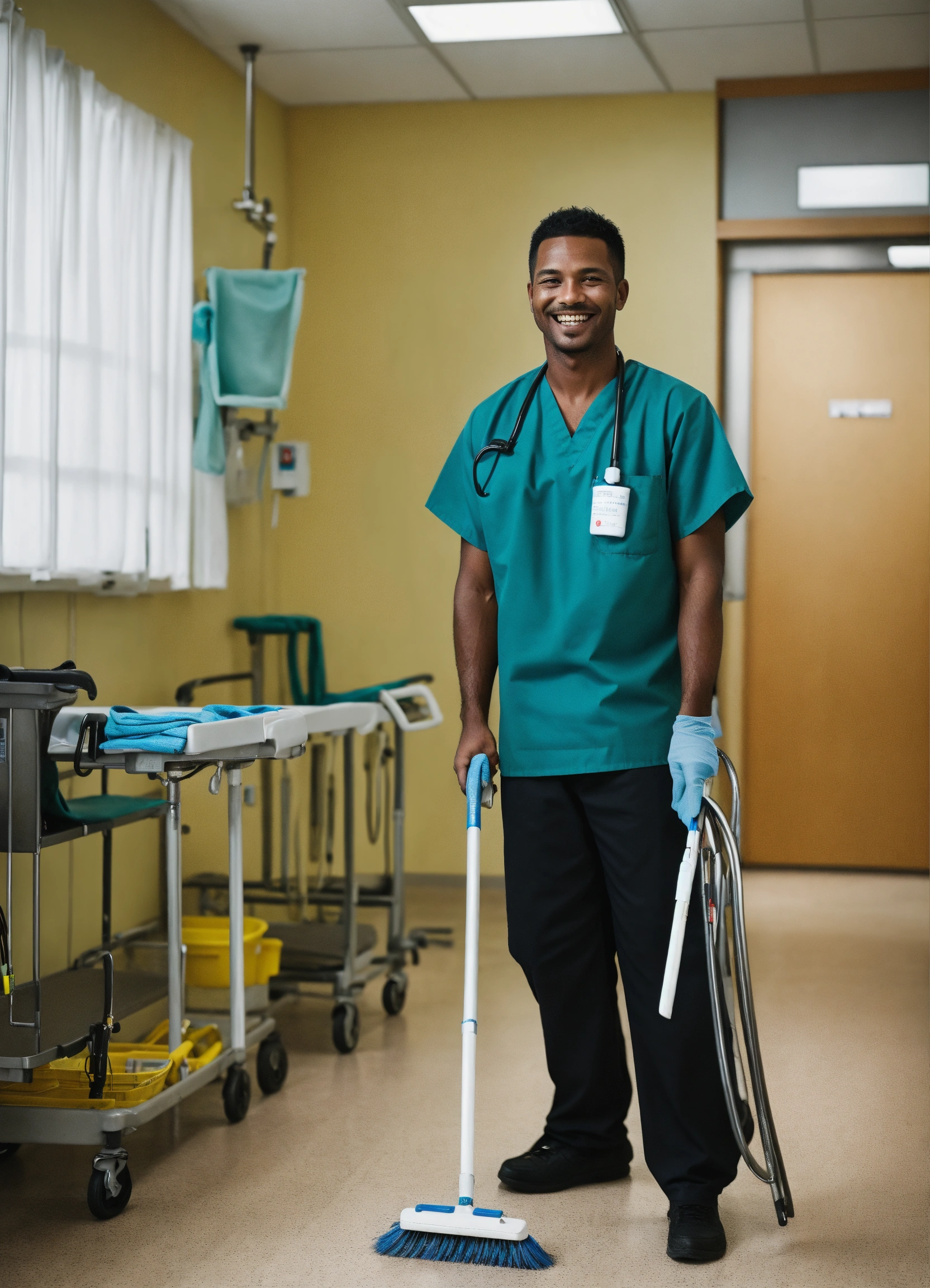 Lexica - A janitor man working in a hospital smilling wearing black cloths
